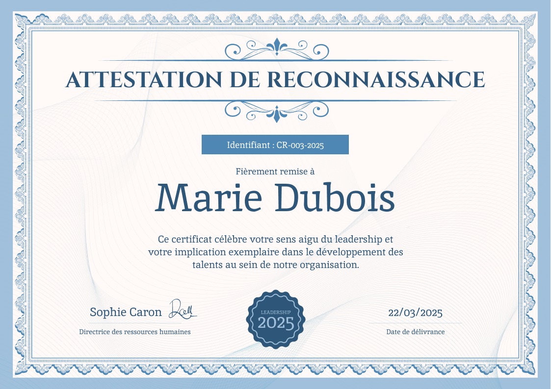 Modèle de certificat de reconnaissance formel et honorable