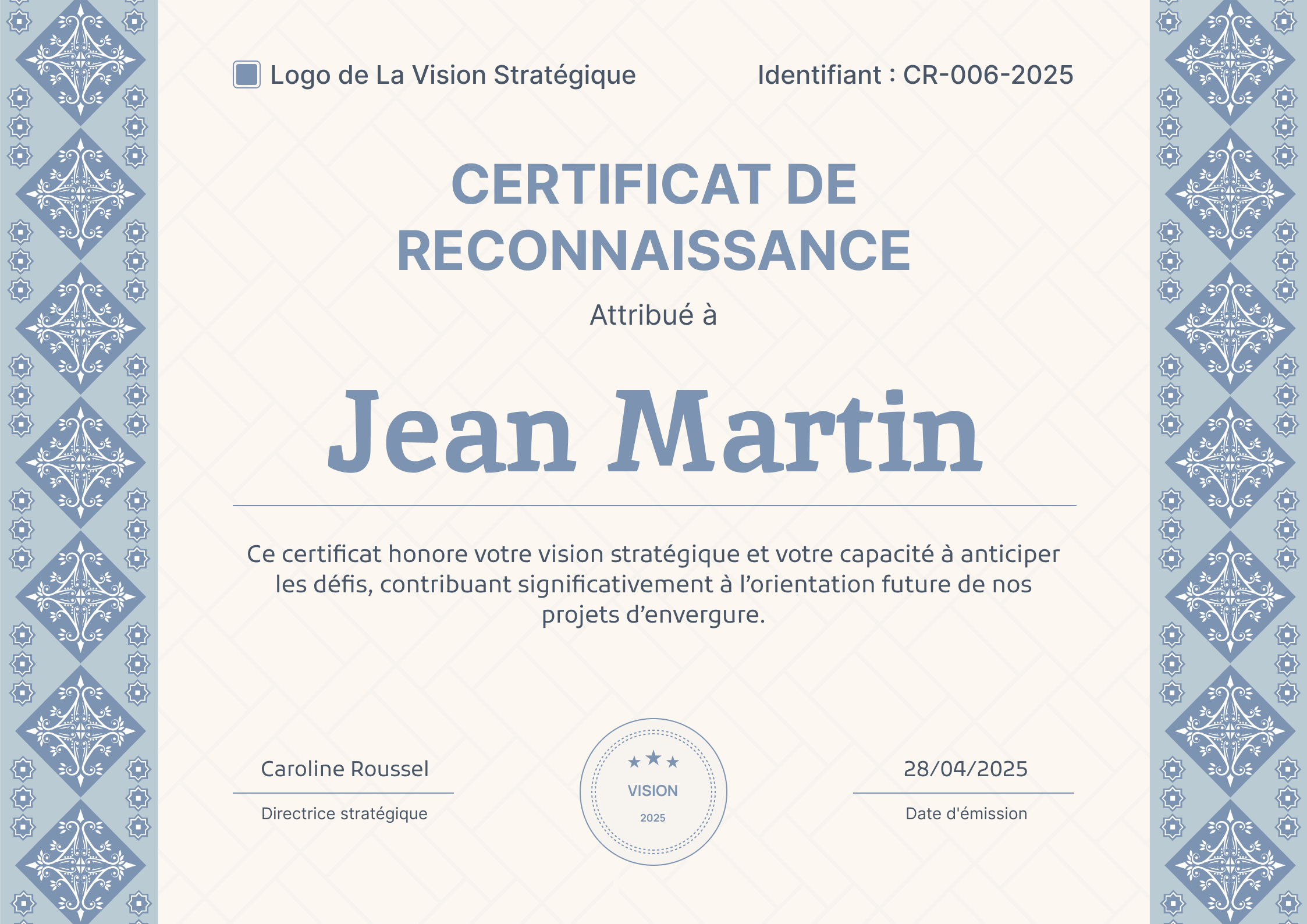 Modèle de certificat de reconnaissance formel et officiel