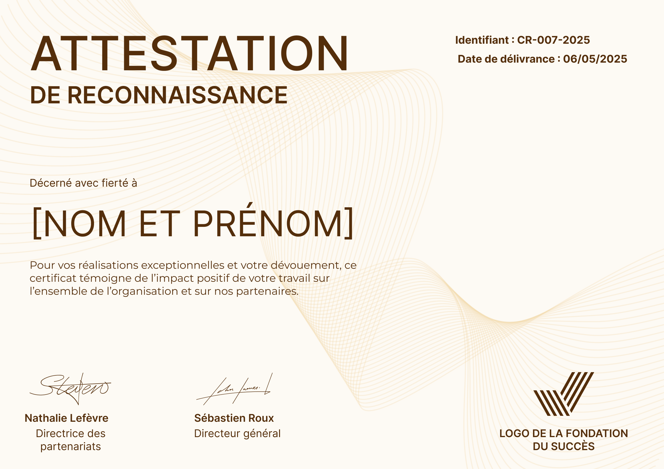 Modèle de certificat de reconnaissance professionnel et soigné