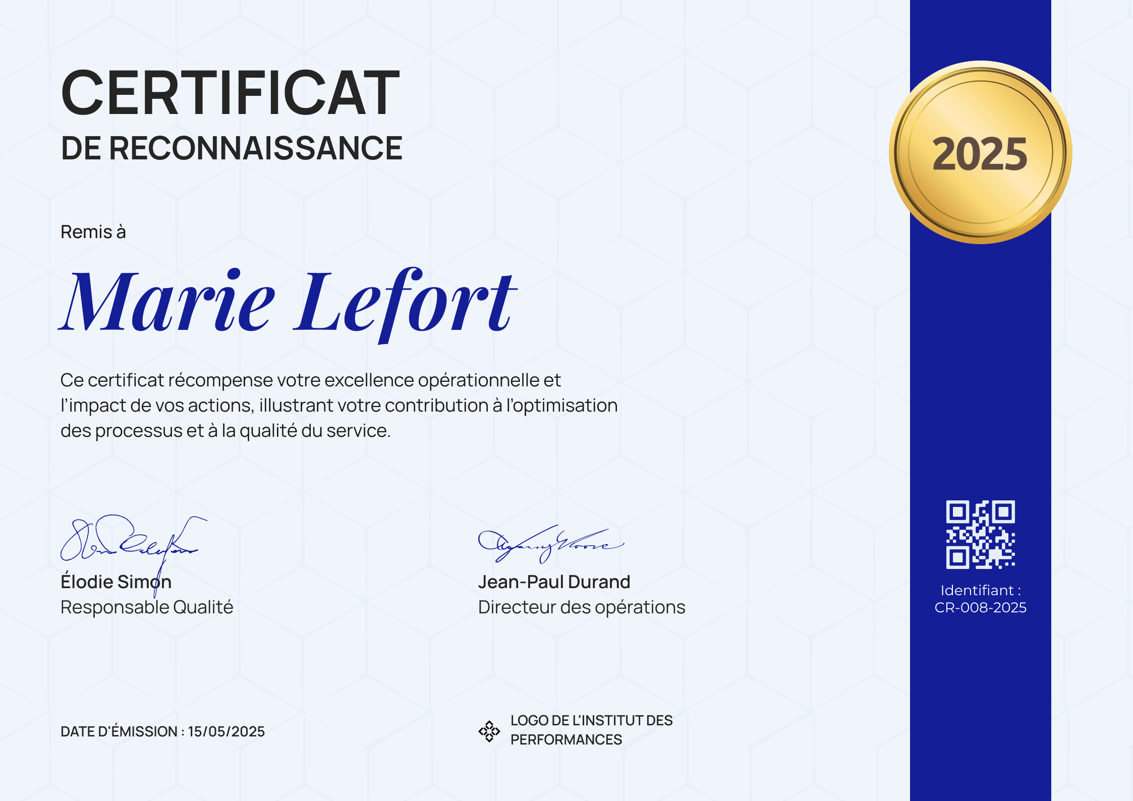 Modèle de certificat de reconnaissance professionnel et précis