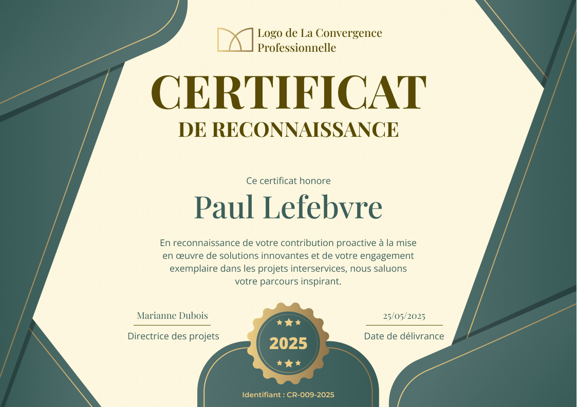 Modèle de certificat de reconnaissance professionnel et exemplaire