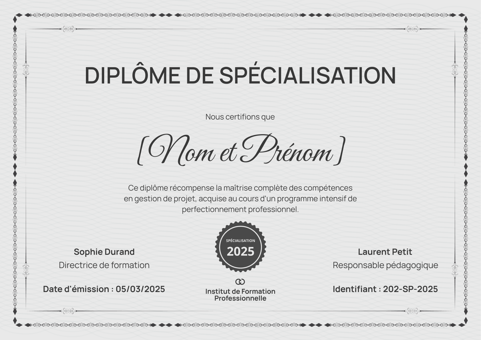 Modèle de diplôme de participation formel et minimaliste