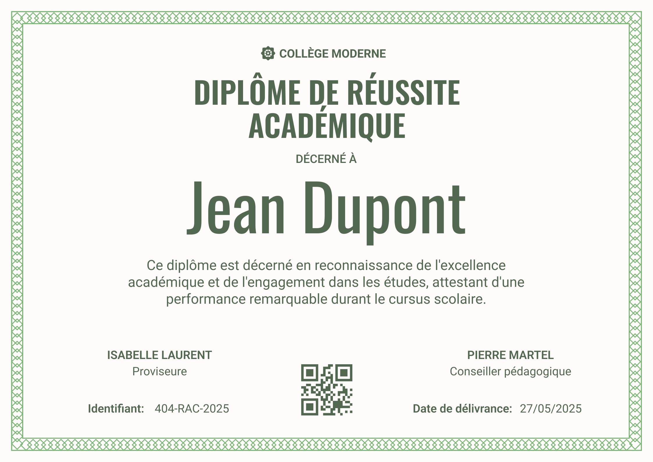 Modèle de diplôme formel et encadré