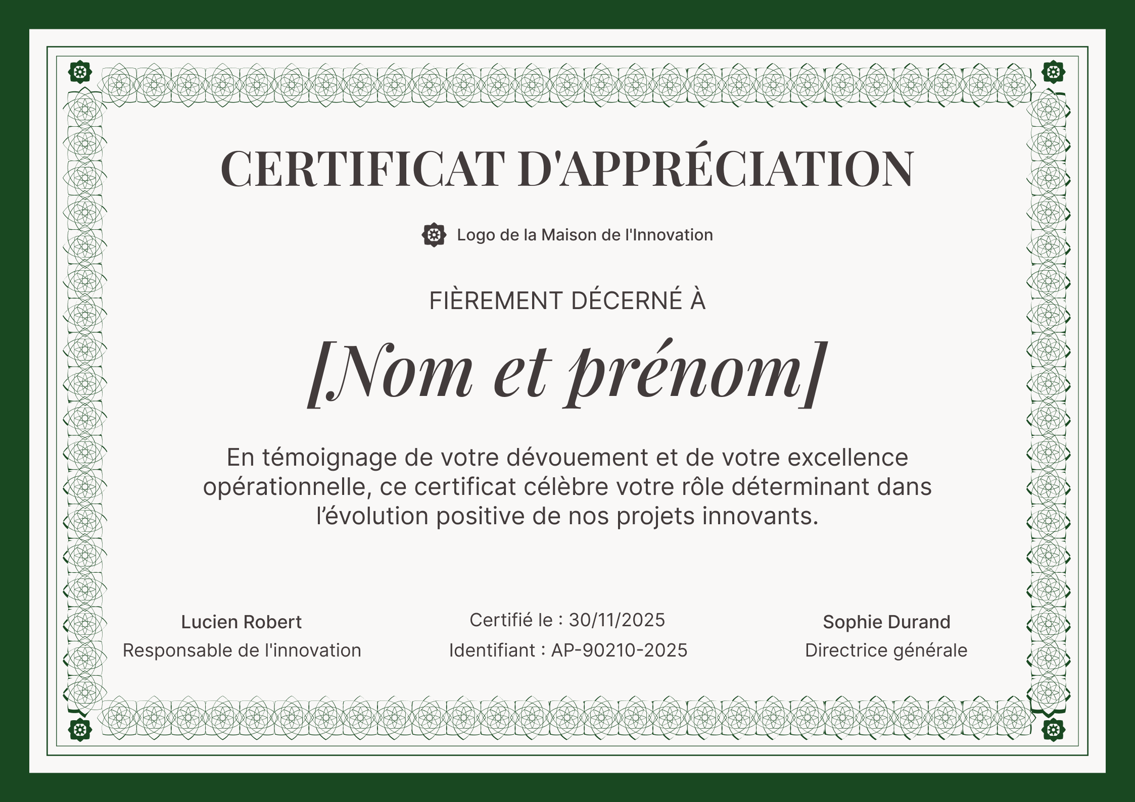 Modèle de certificat d'appréciation raffiné et honorifique