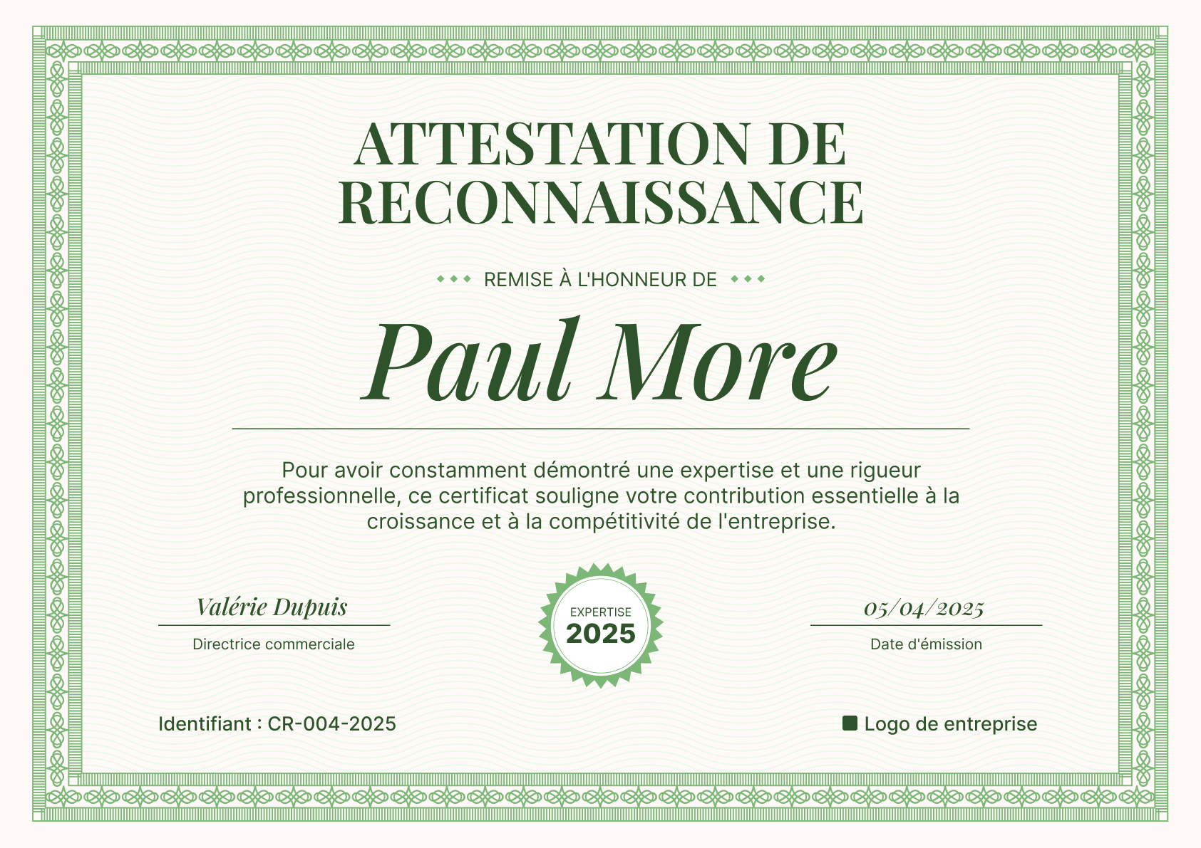 Modèle de certificat de reconnaissance formel et cérémonial