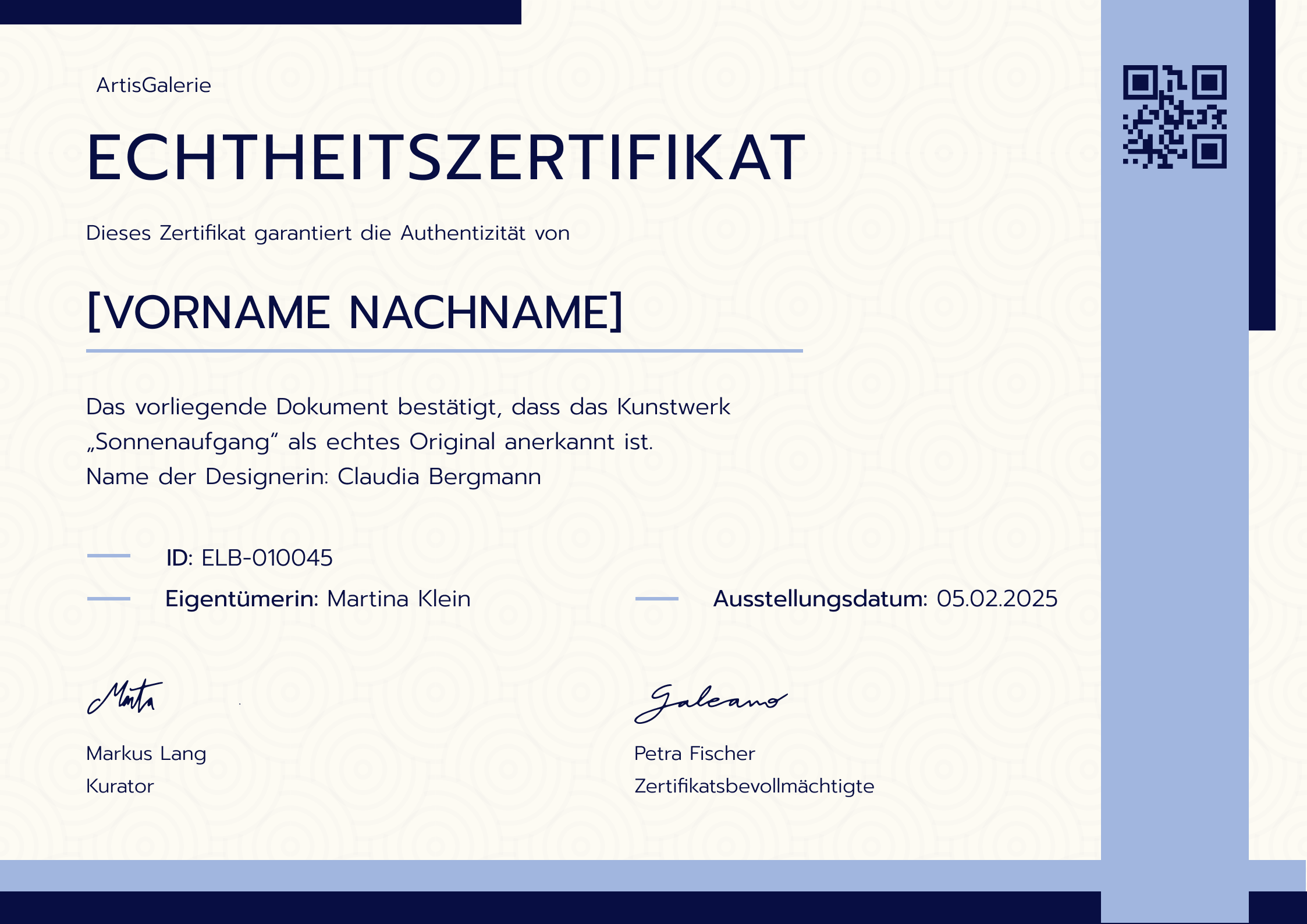 Moderne detaillierte Echtheitszertifikat Kunst Vorlage