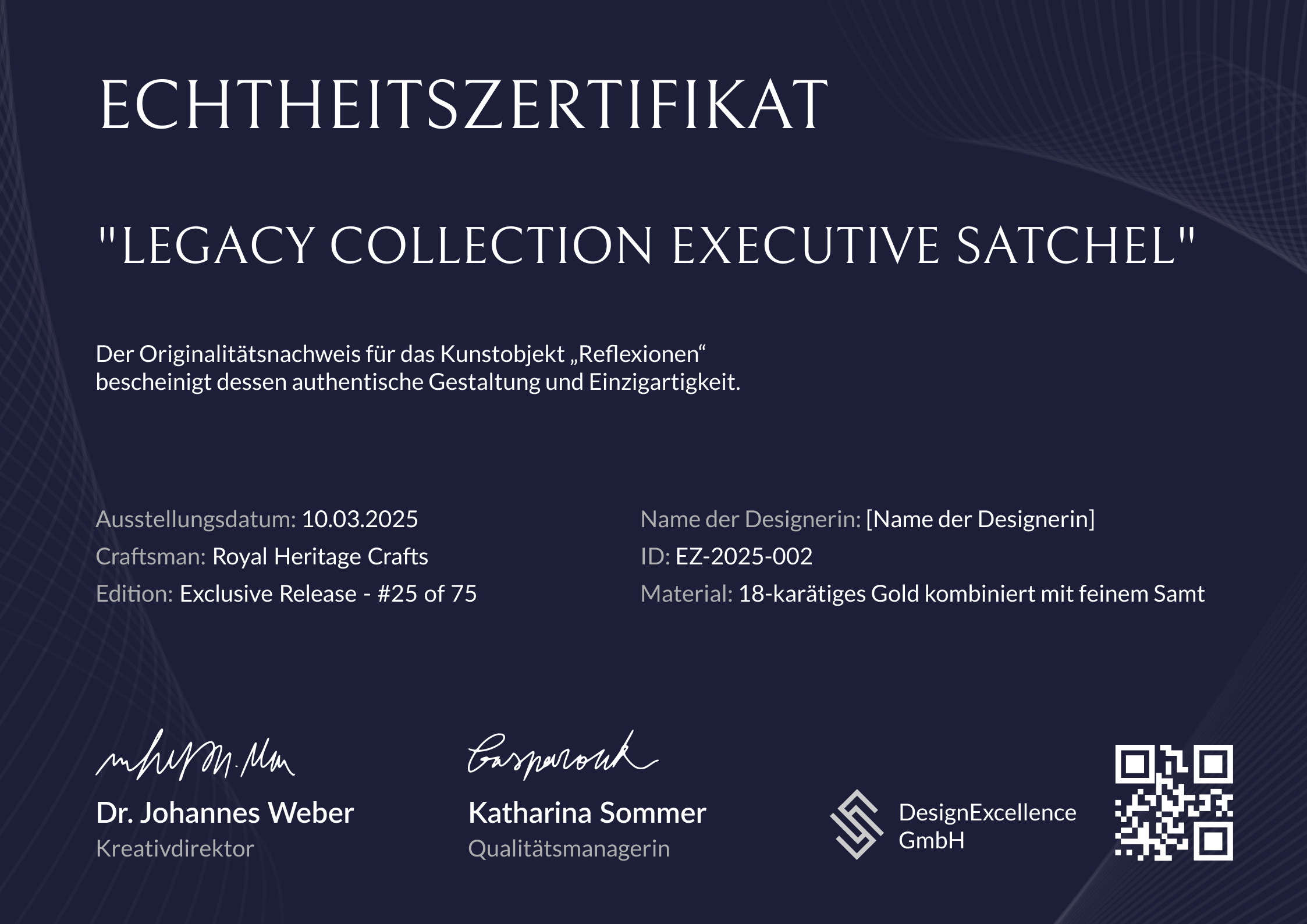 Formelle erhabene Echtheitszertifikat Kunst Vorlage