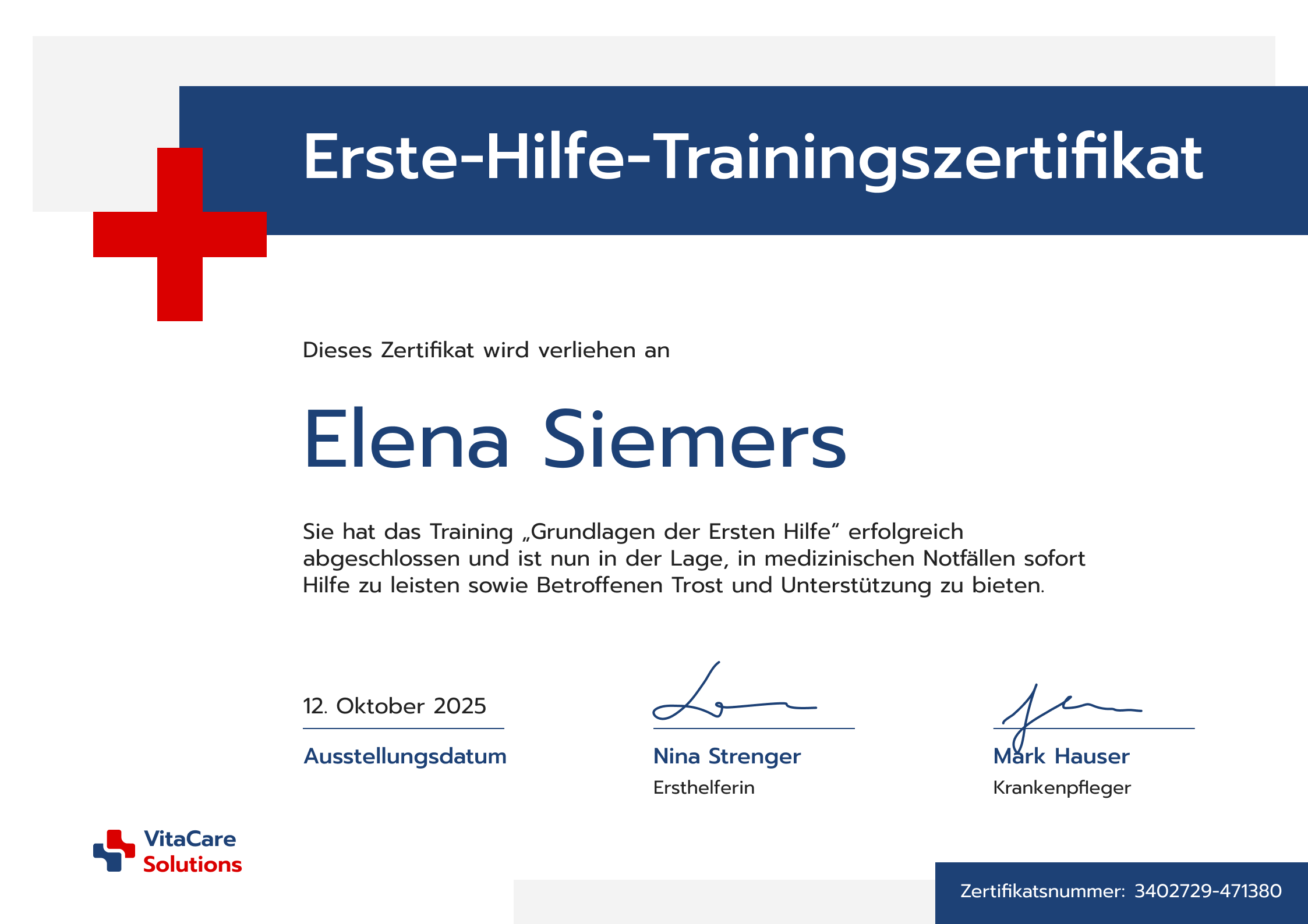 Klassisches professionelles Erste Hilfe Zertifikat