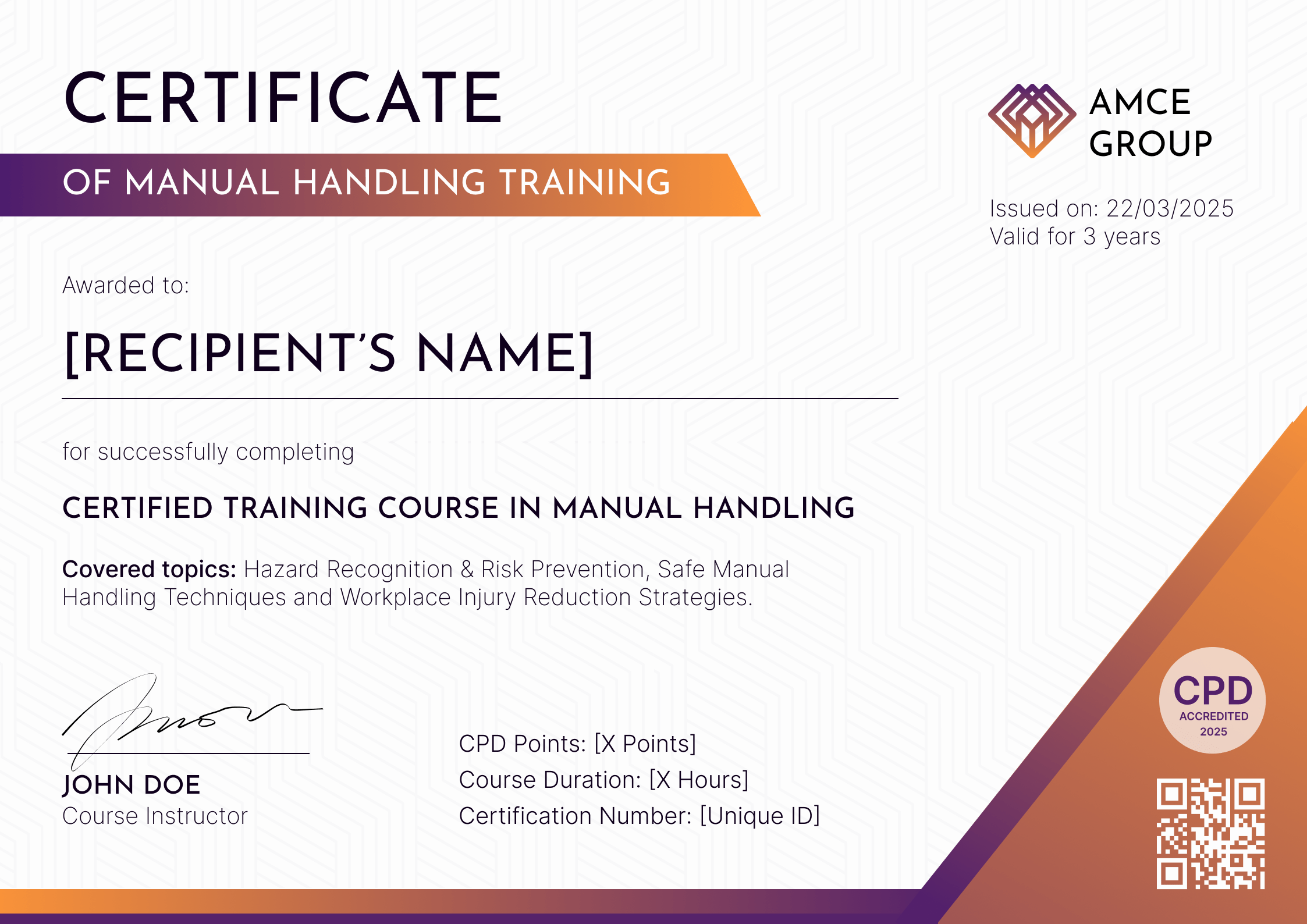 Professional And Bold Manual Handling Certificate Template