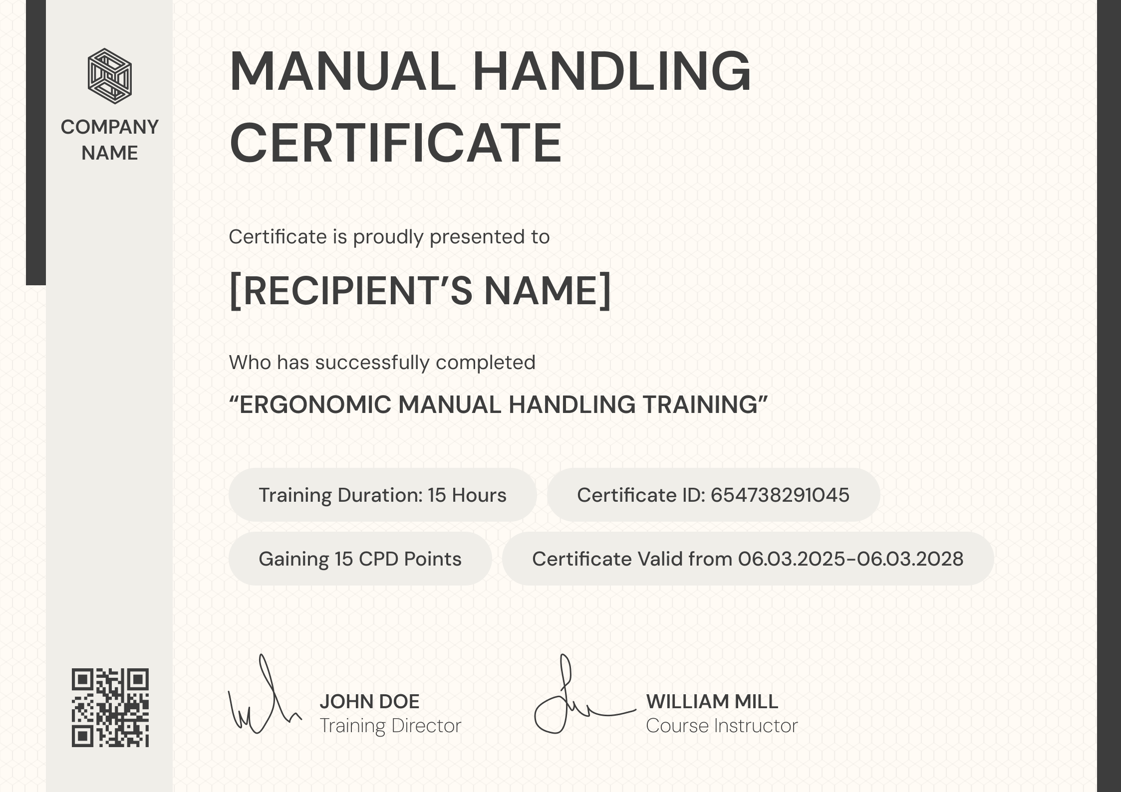 Professional and minimal manual handling certificate template