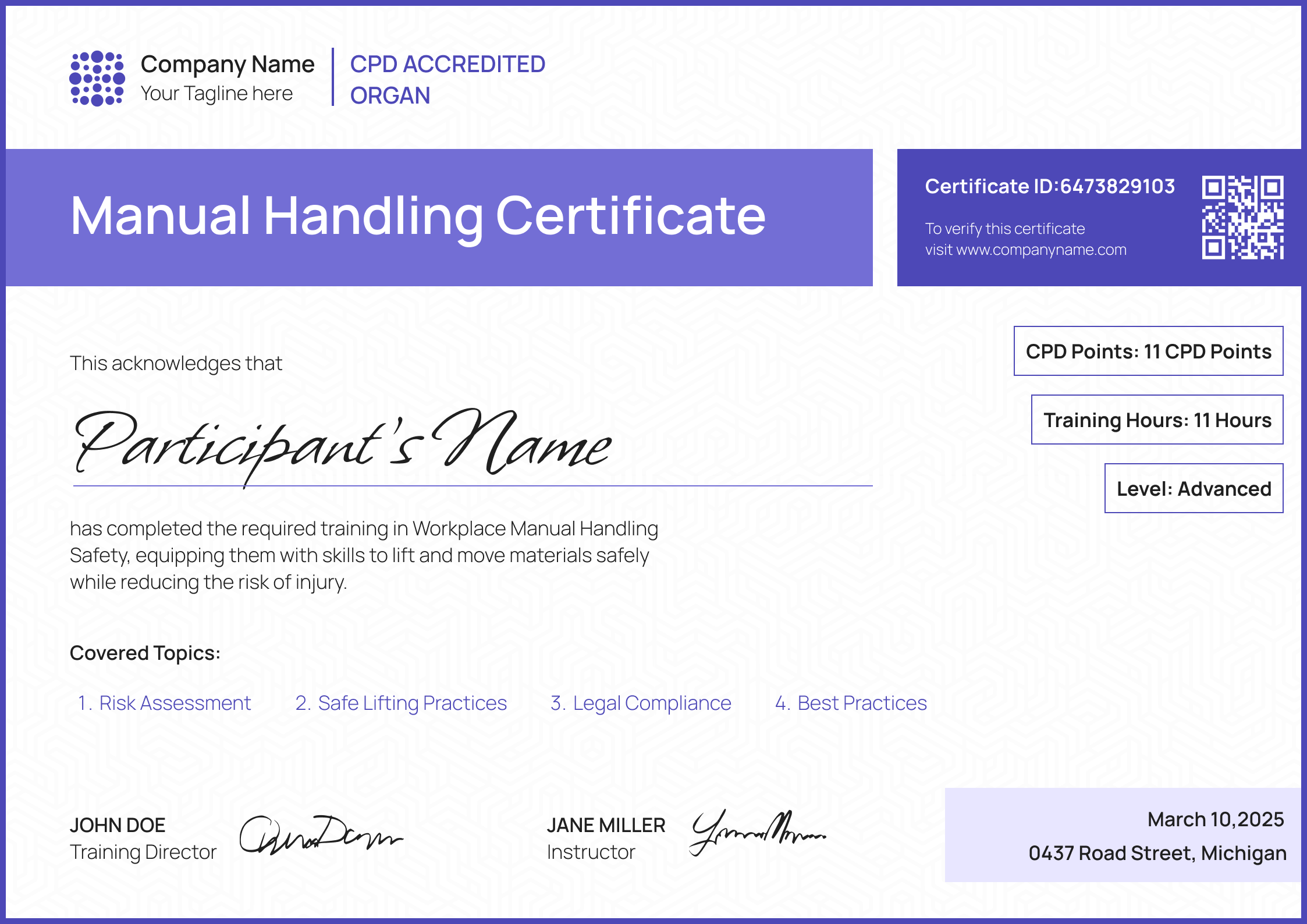 Professional and clean manual handling certificate template