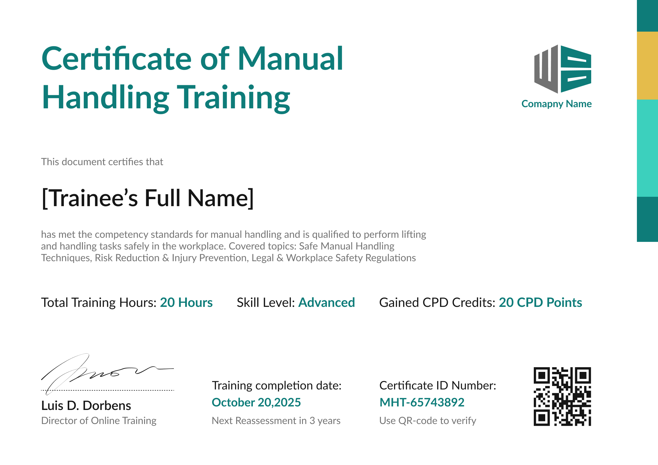 Professional and structured manual handling certificate template