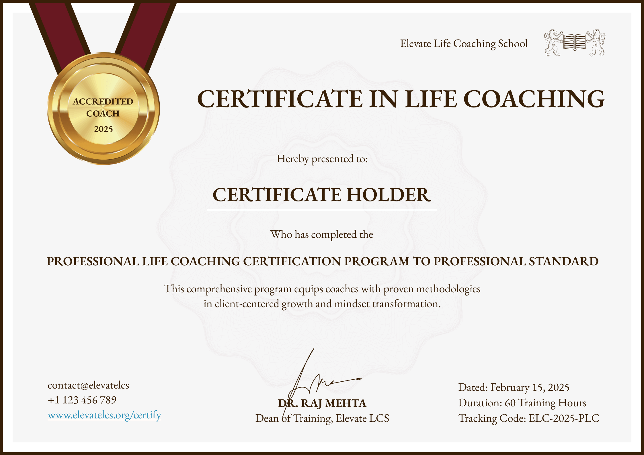 Professional and prestigious life coaching certificate template