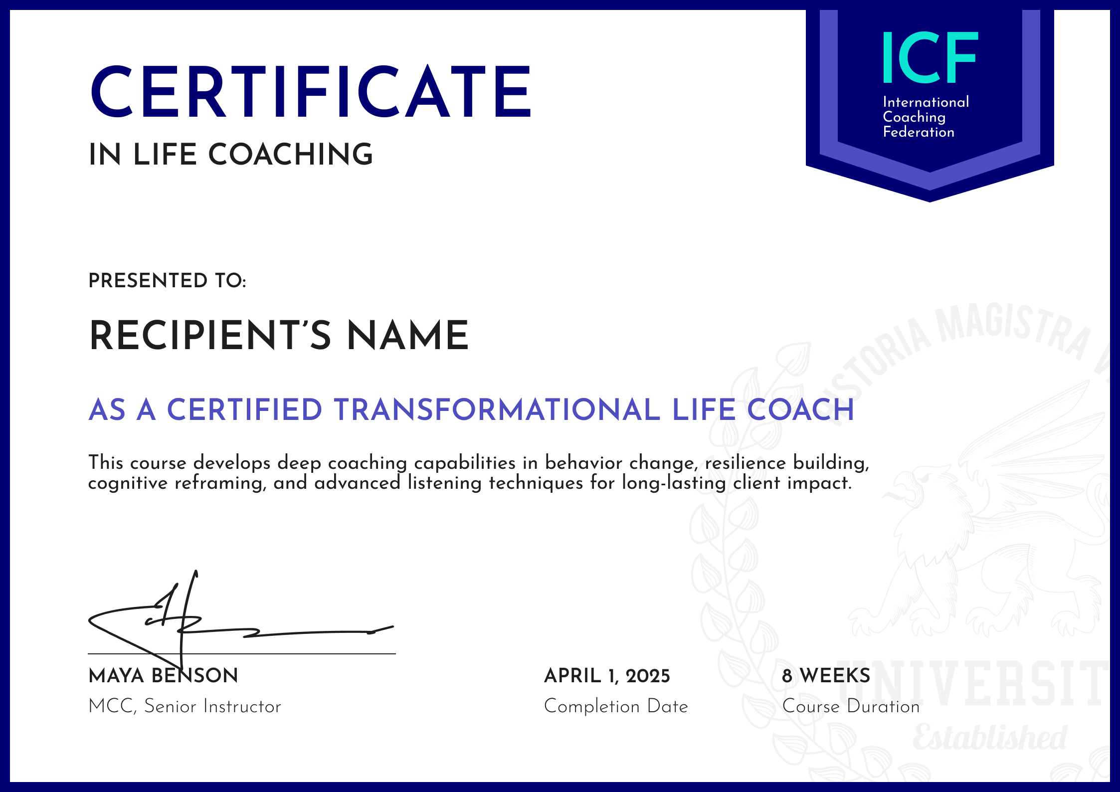 Professional and minimal life coaching certificate template