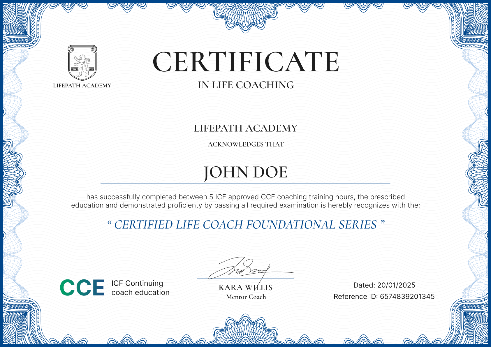 Professional and formal life coaching certificate template
