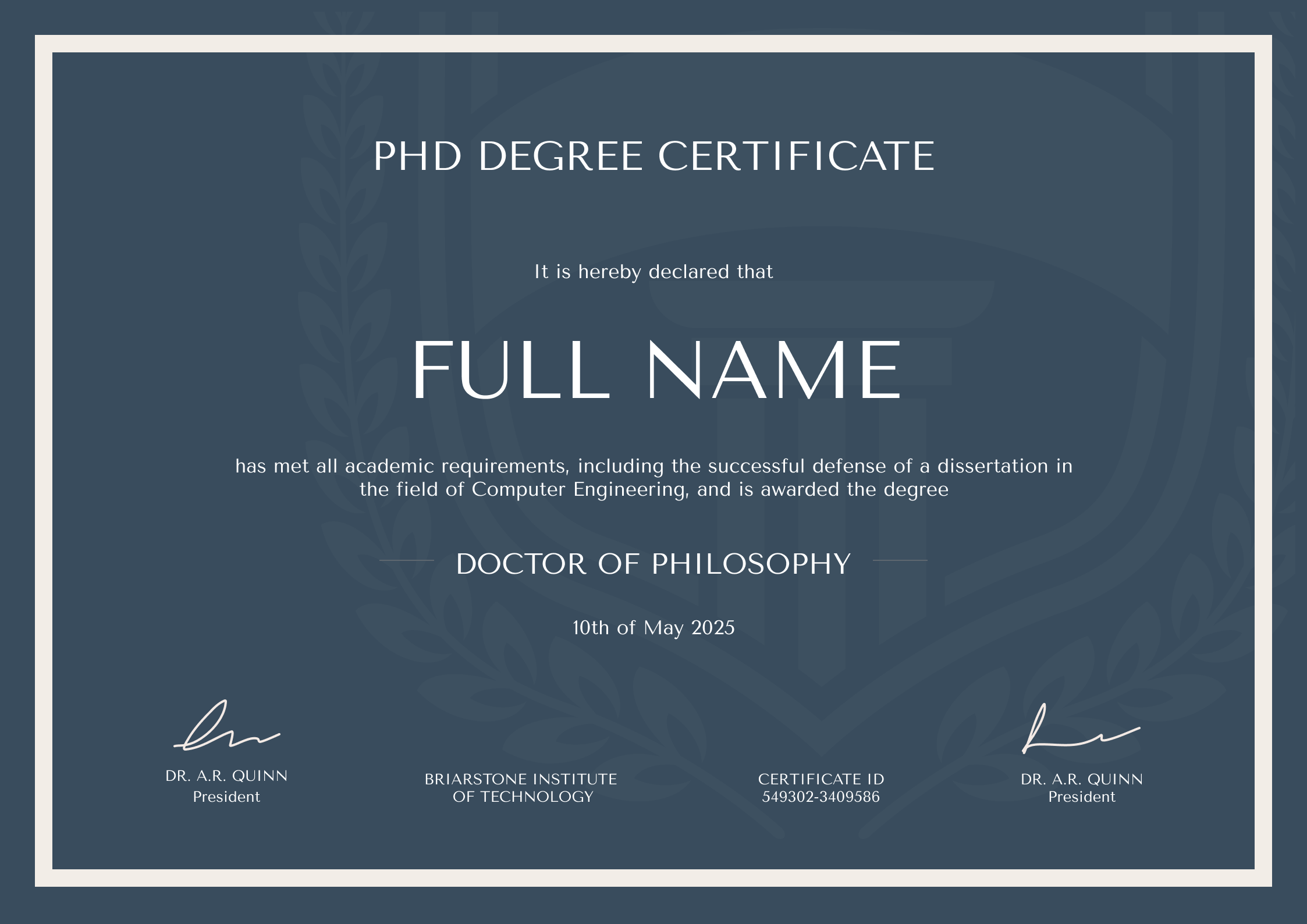 Formal and dark PhD certificate template
