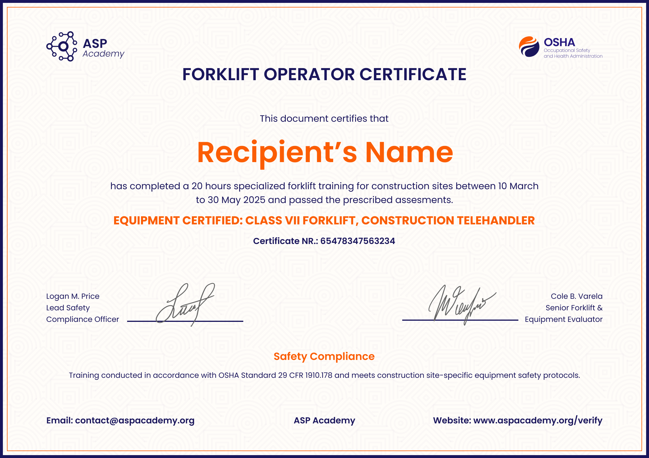 Professional and reputable forklift certificate template