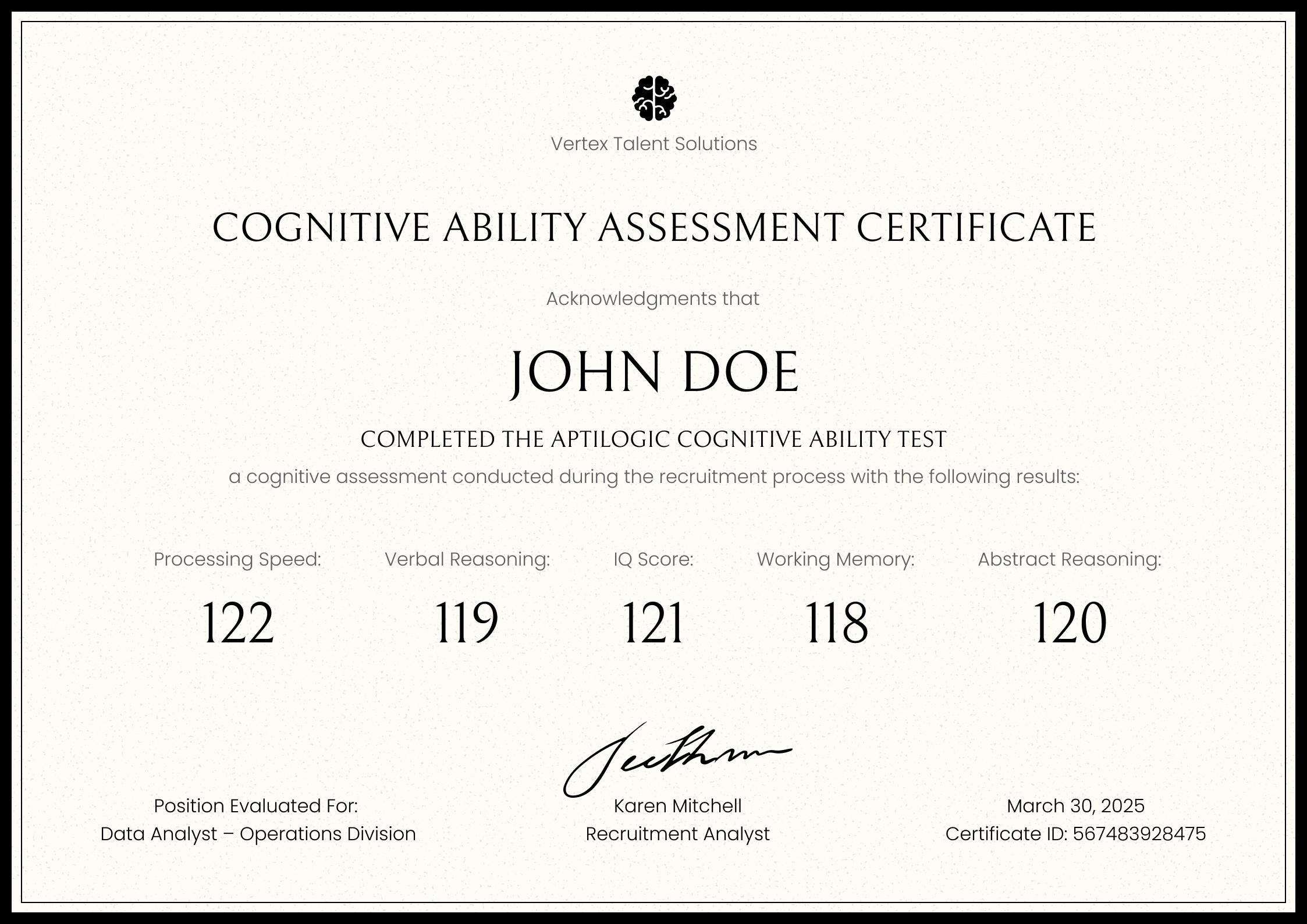 Professional and classic IQ certificate template