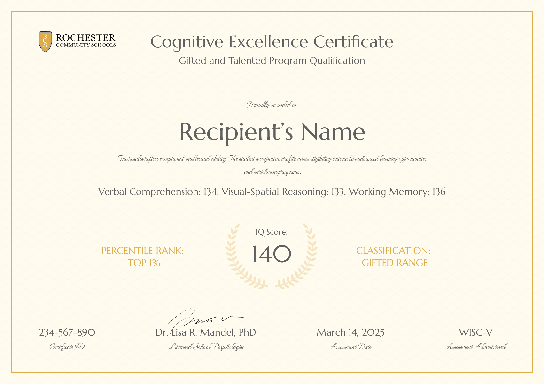 Professional and traditional IQ certificate template