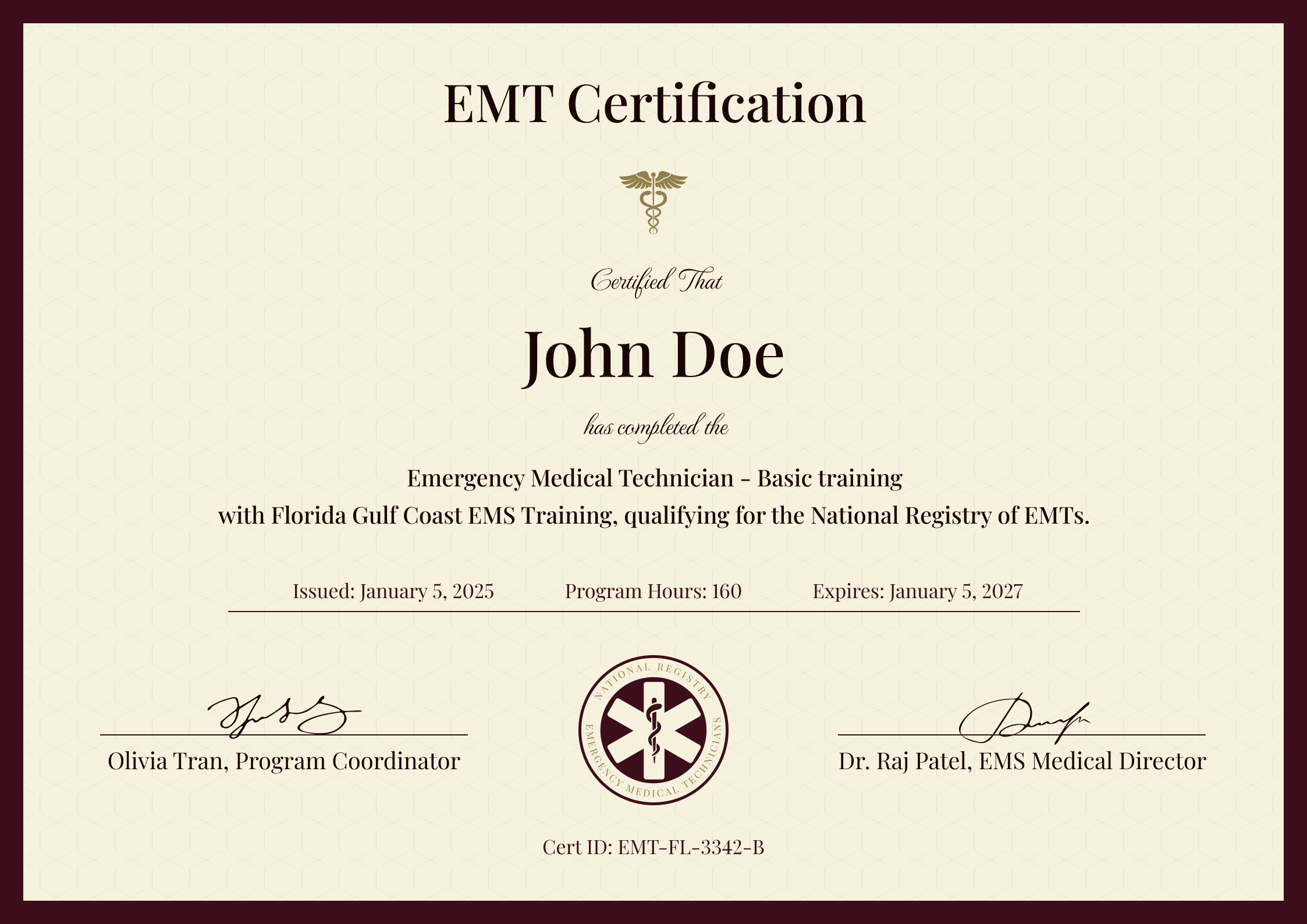 Professional and minimalist EMT certificate template