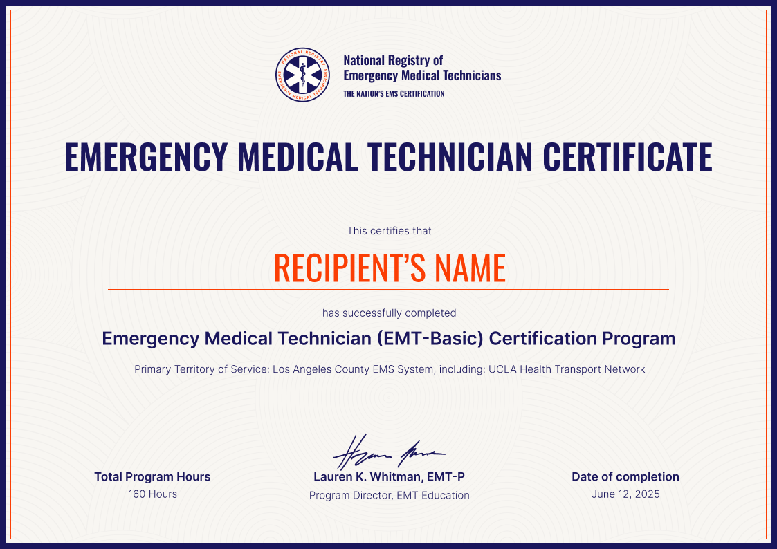 Professional and reputable EMT certificate template