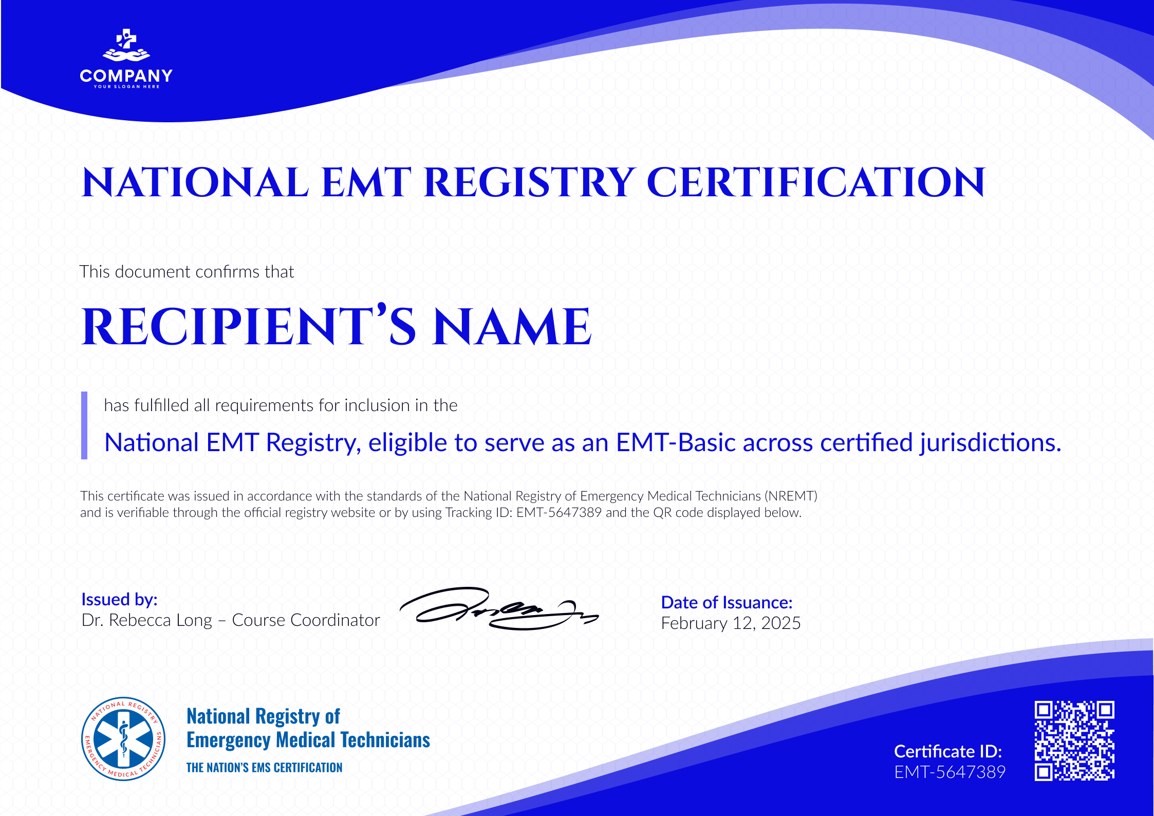 Professional and traditional EMT certificate template