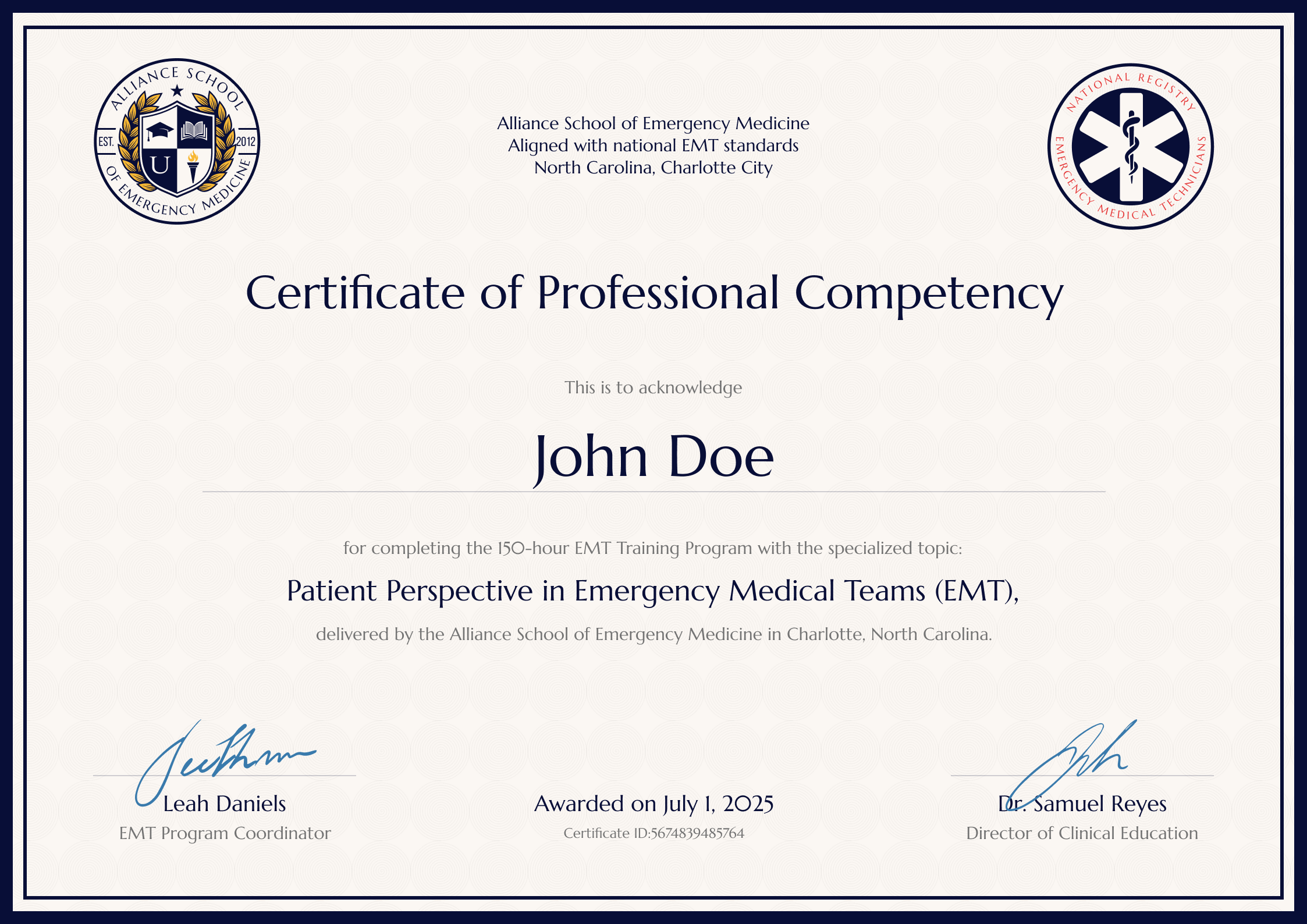 Professional and official EMT certificate template