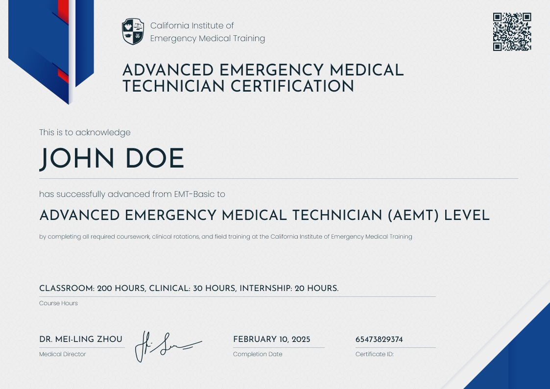 Professional and detailed EMT certificate template