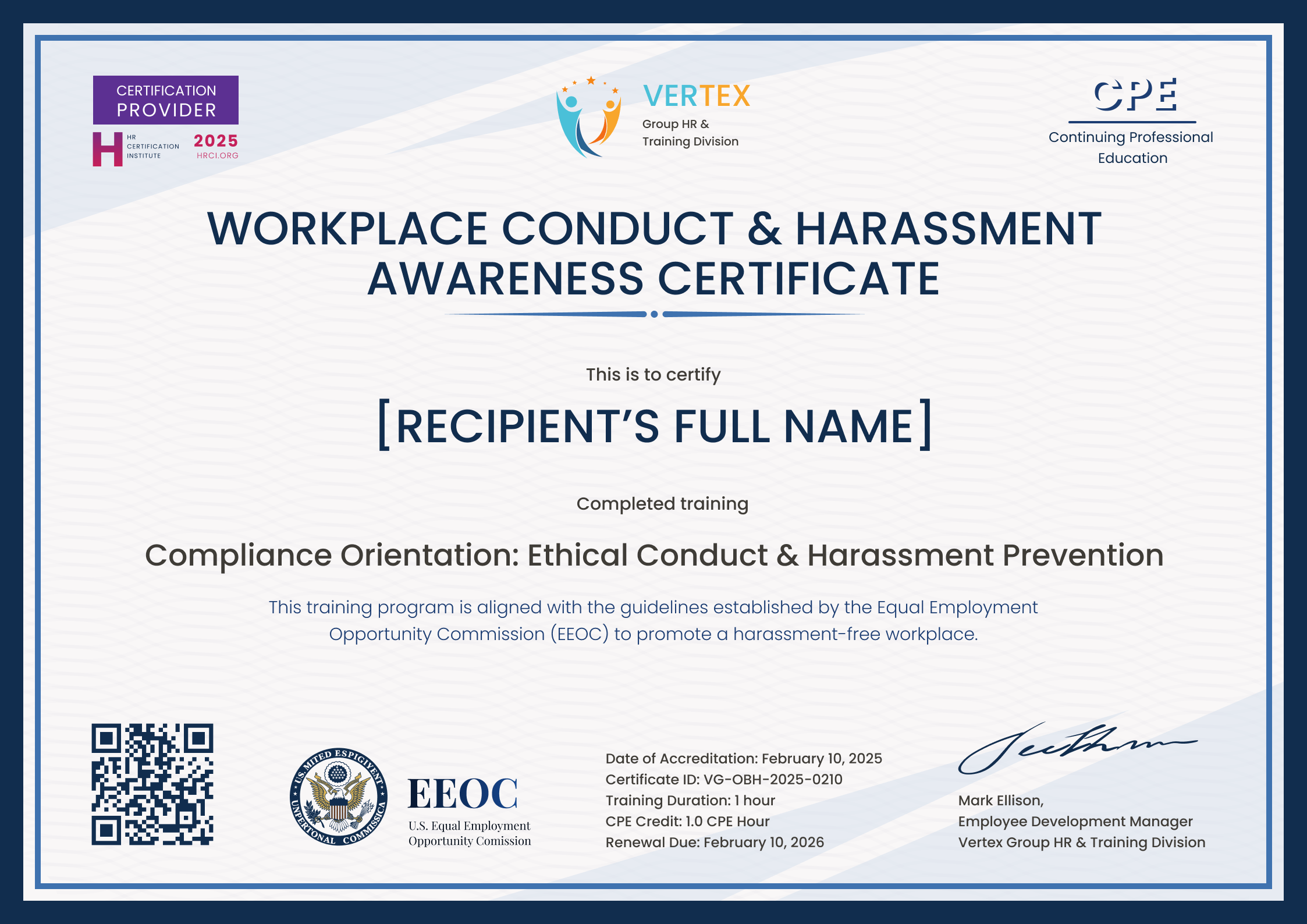 Professional and bright sexual harassment training certificate template
