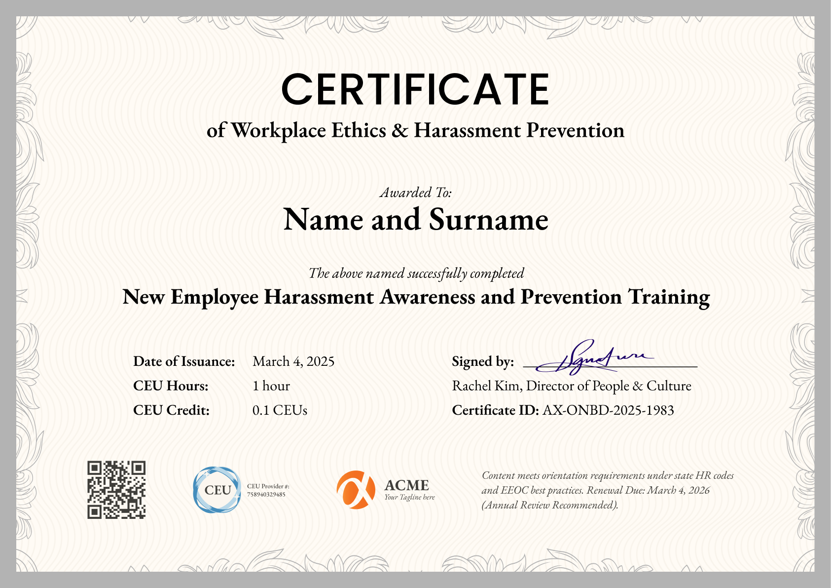 Professional and minimalist sexual harassment training certificate template