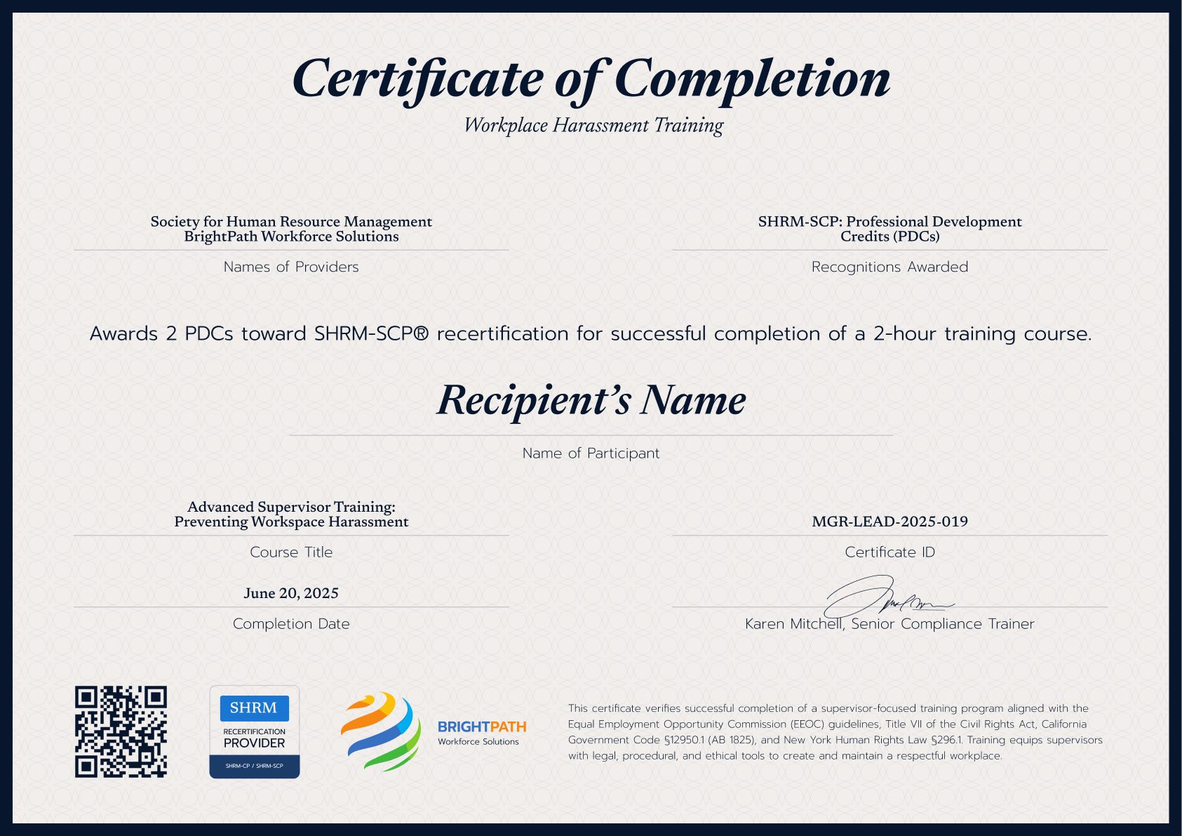 Professional and neutral sexual harassment training certificate template