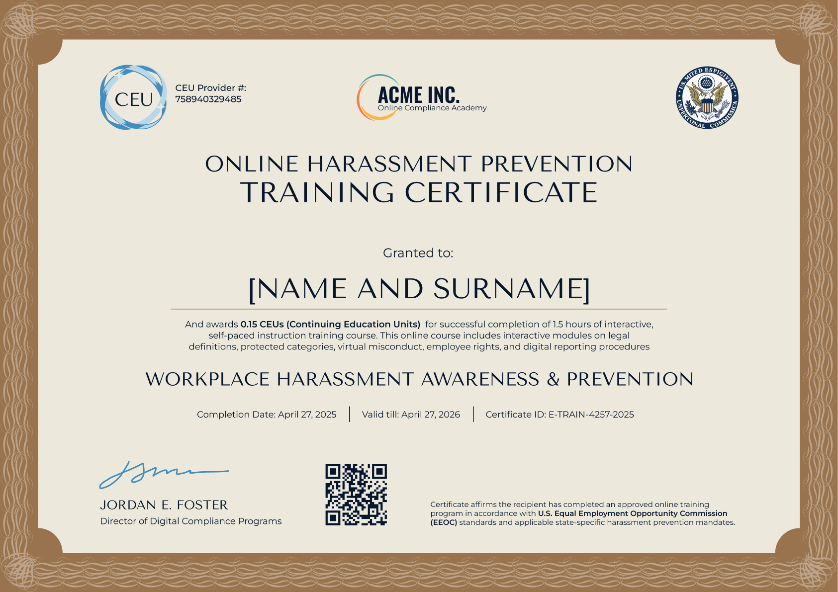 Professional and structured sexual harassment training certificate template