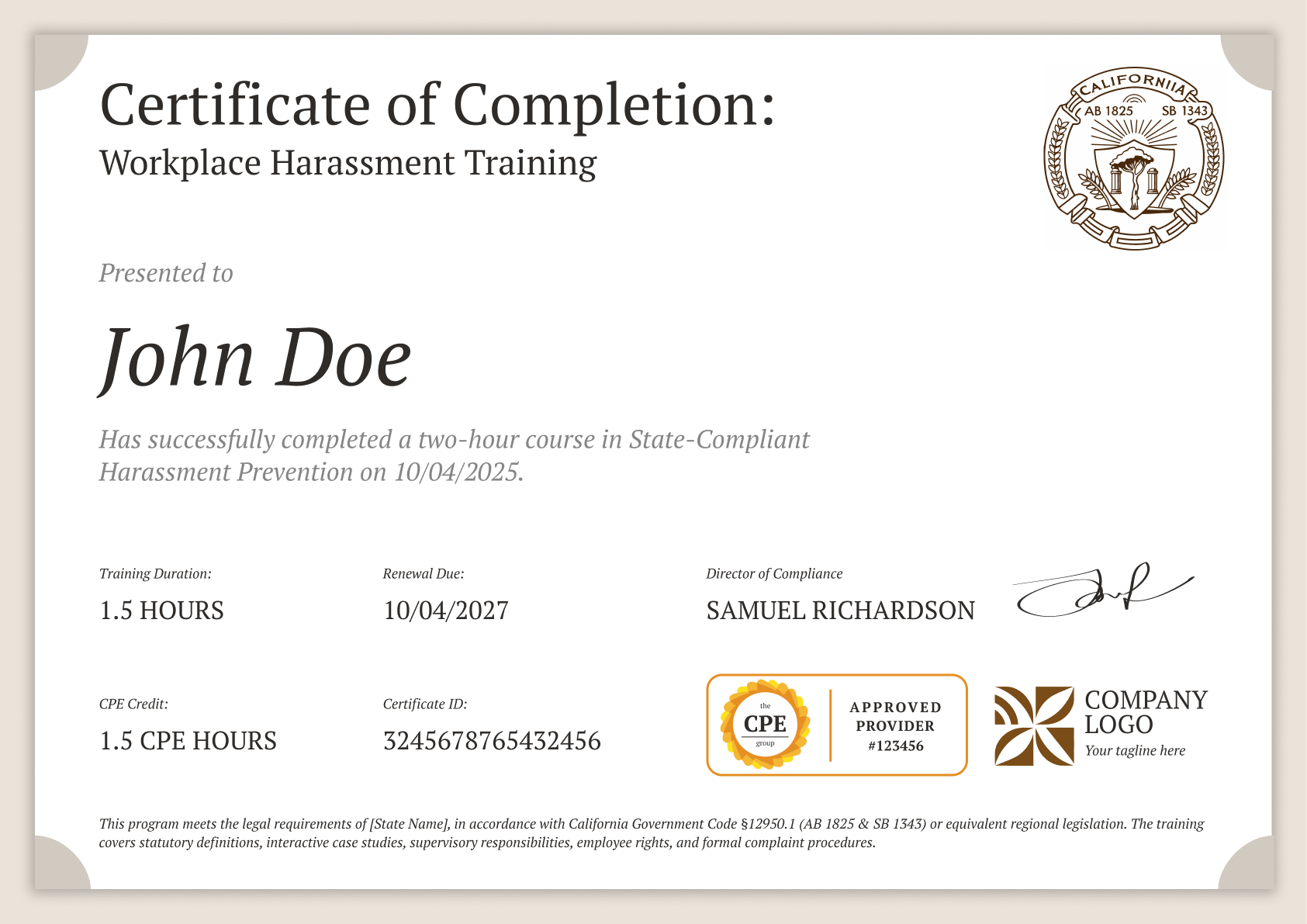Professional and elegant sexual harassment training certificate template