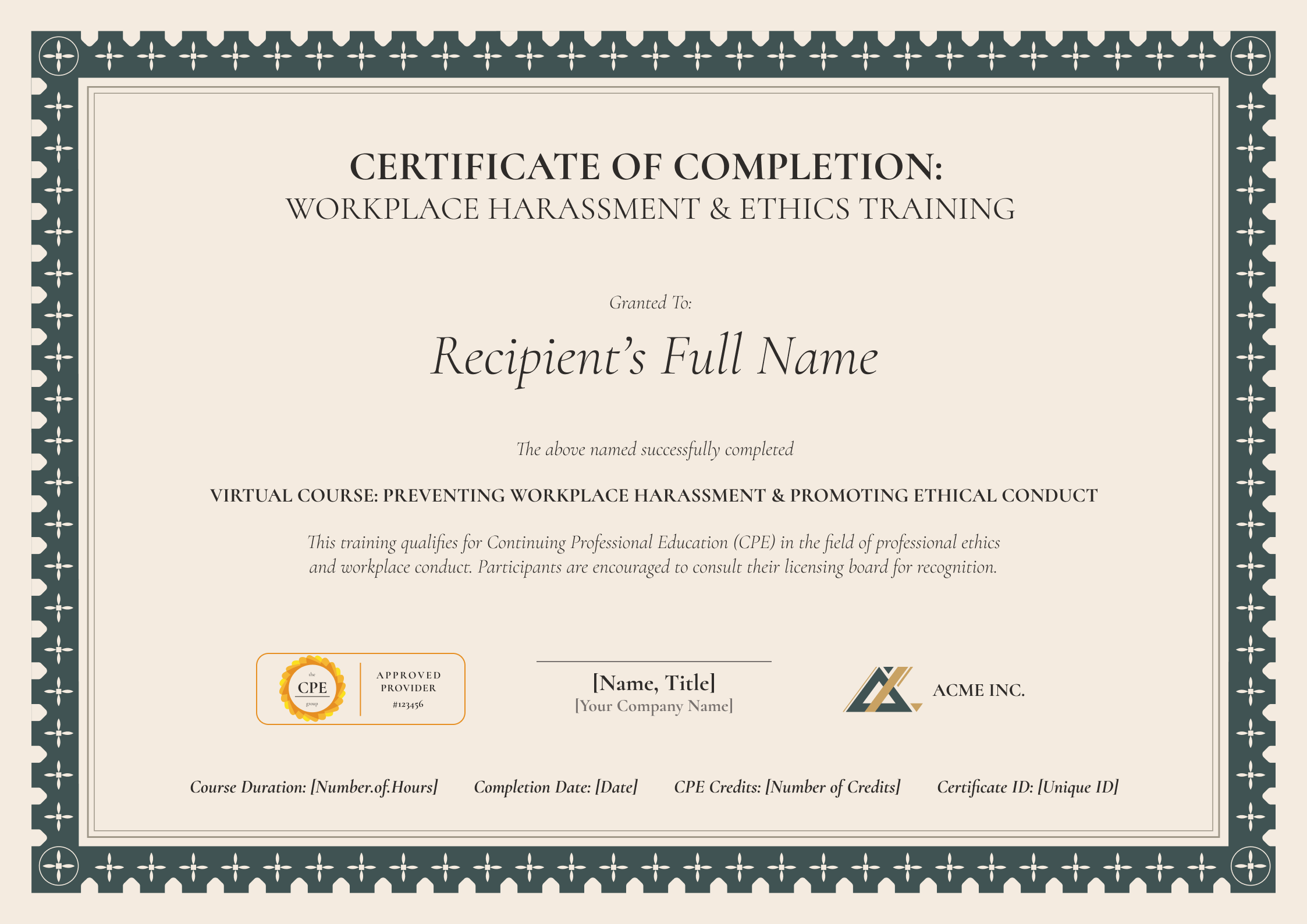 Professional and clear sexual harassment training certificate template