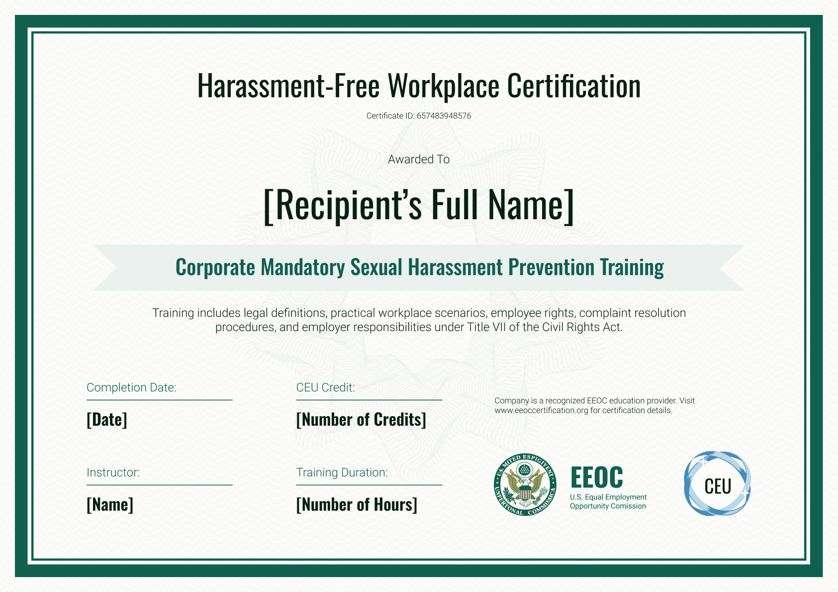 Professional and balanced sexual harassment training certificate template