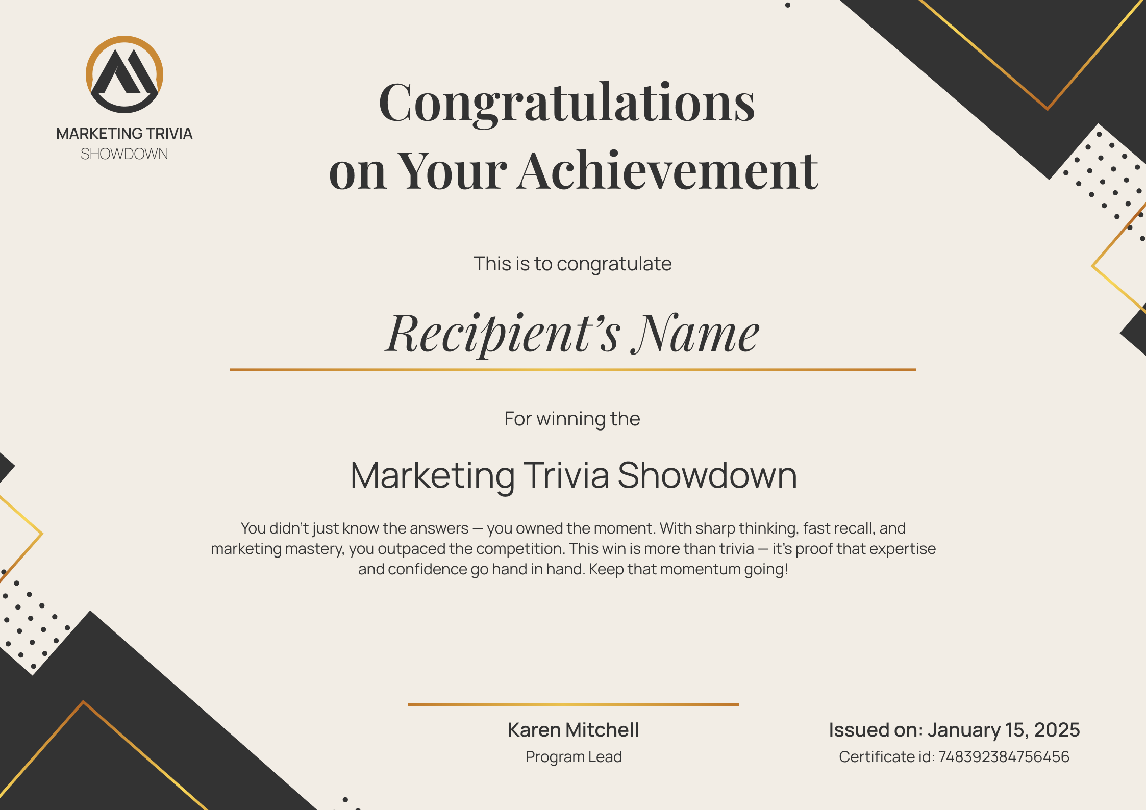Professional and refined congratulations certificate template