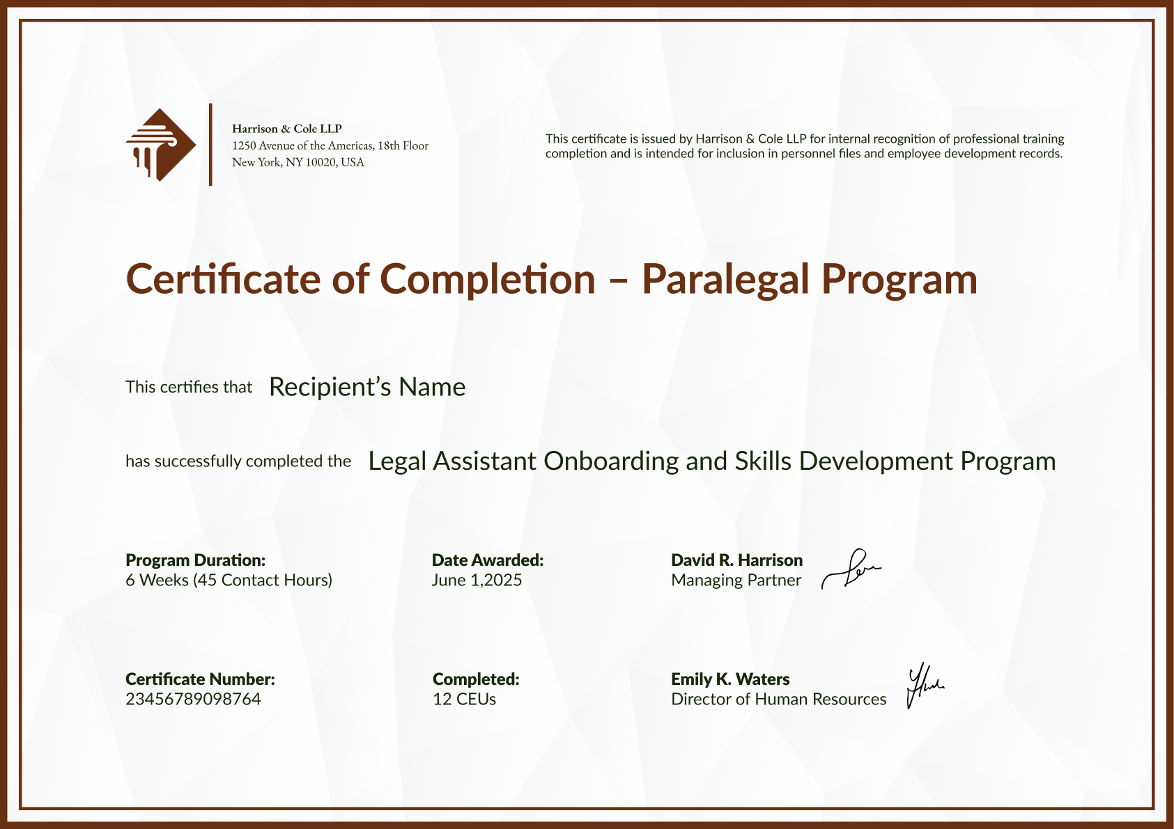 Formal and minimalist paralegal certificate template