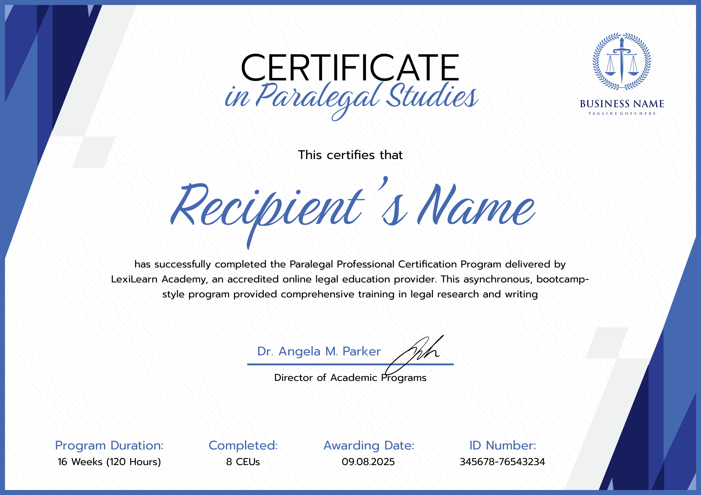 Professional and polished paralegal certificate template
