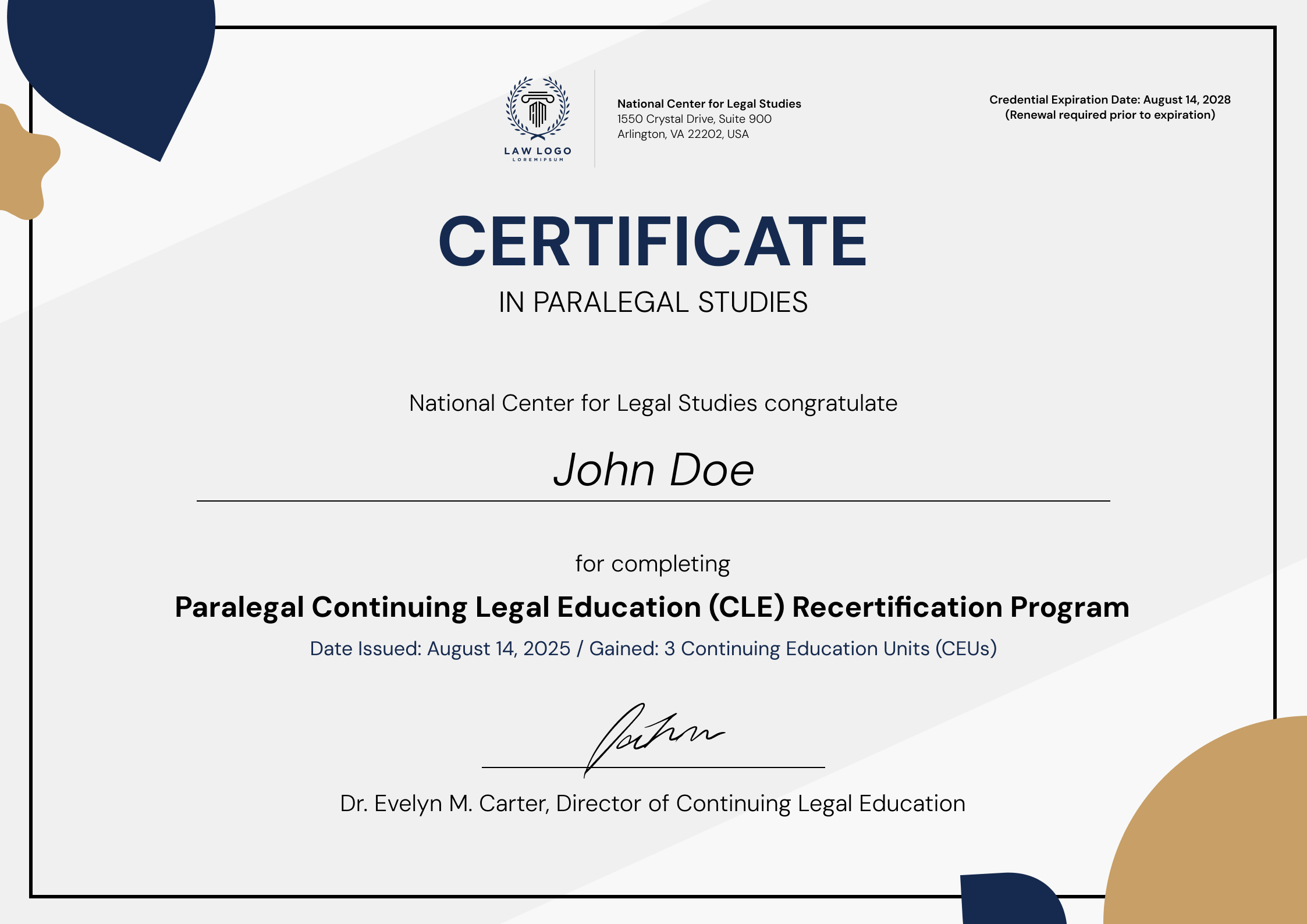 Professional And Clean Paralegal Certificate Template