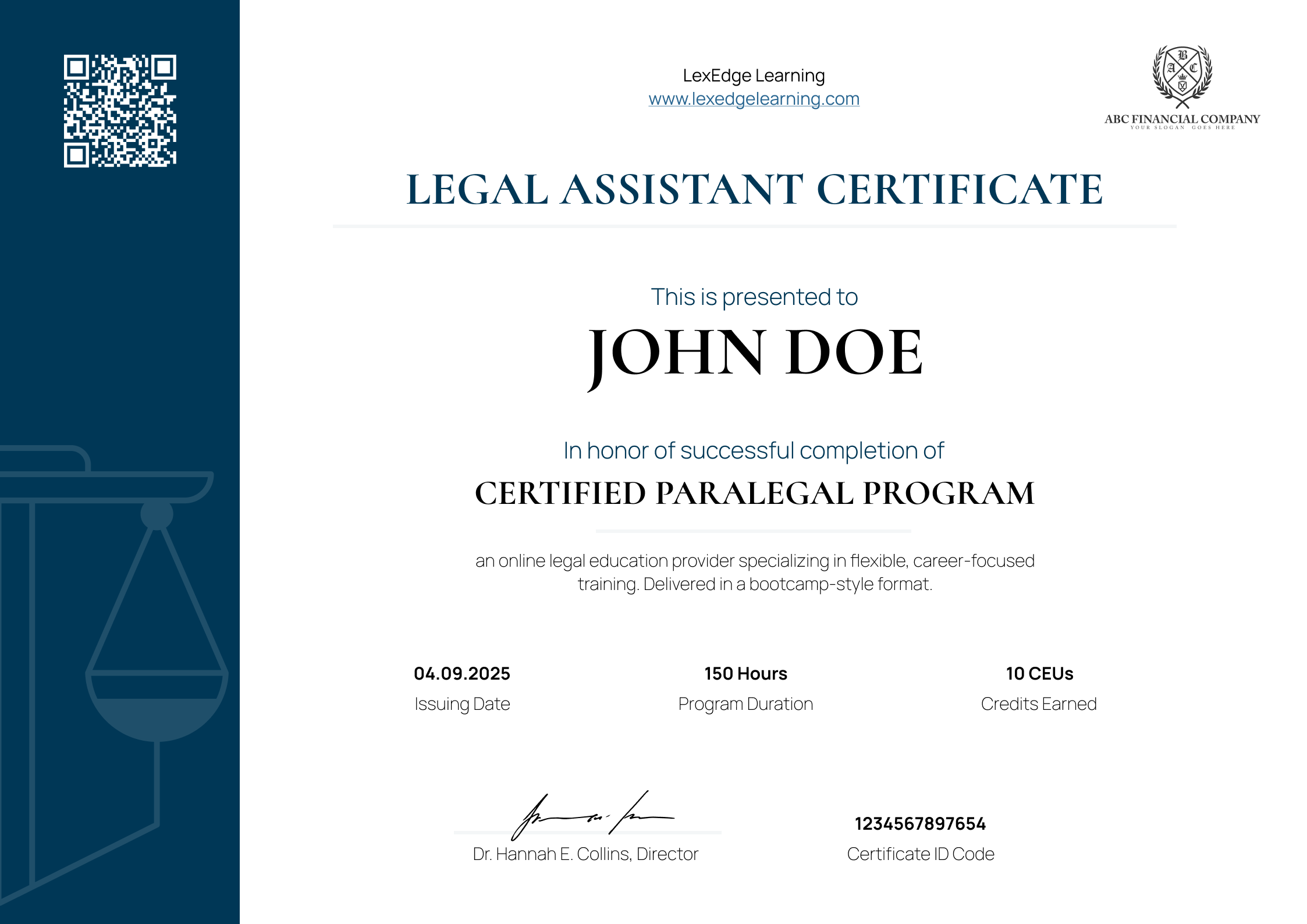 Professional and corporate paralegal certificate template