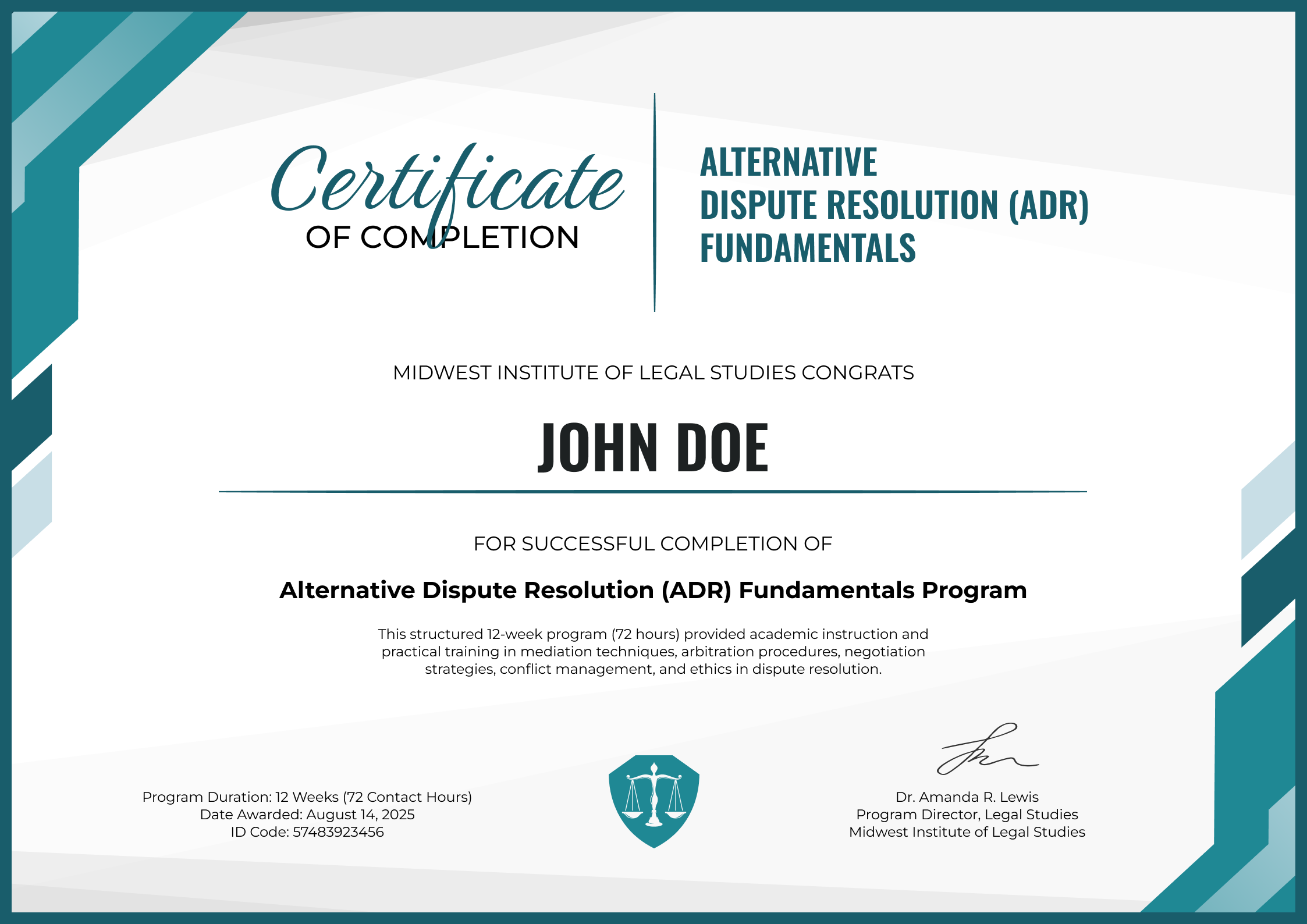 Professional and specialized paralegal certificate template