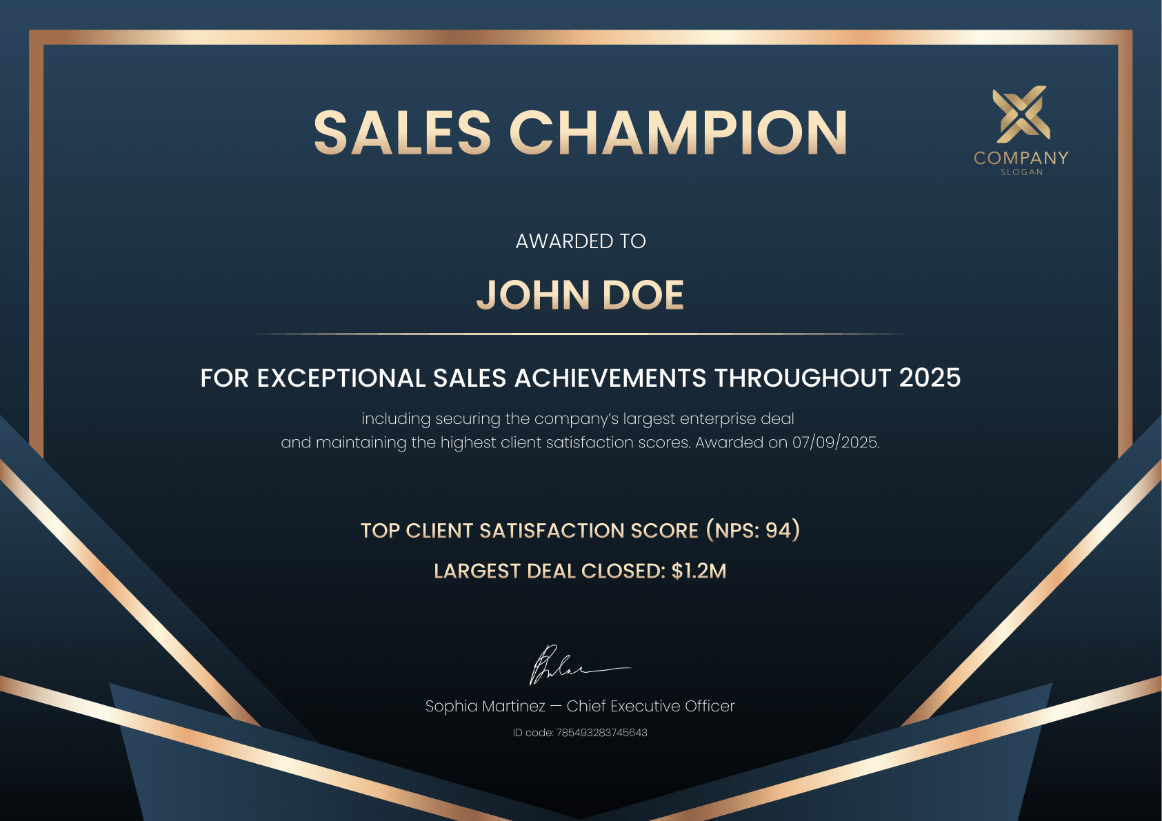 Professional and elegant sales award certificate template