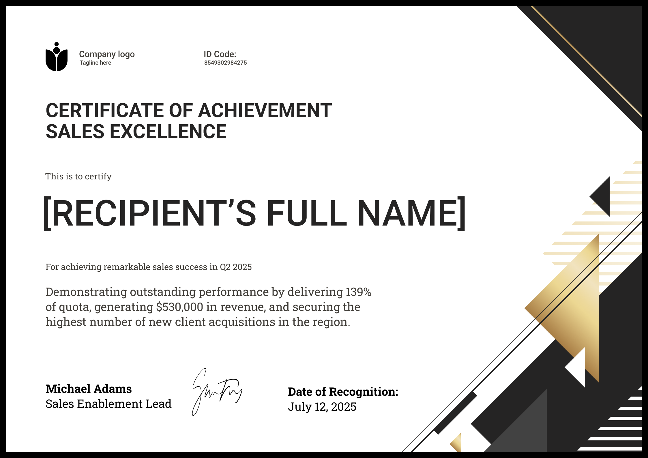 Simple chic sales award certificate template