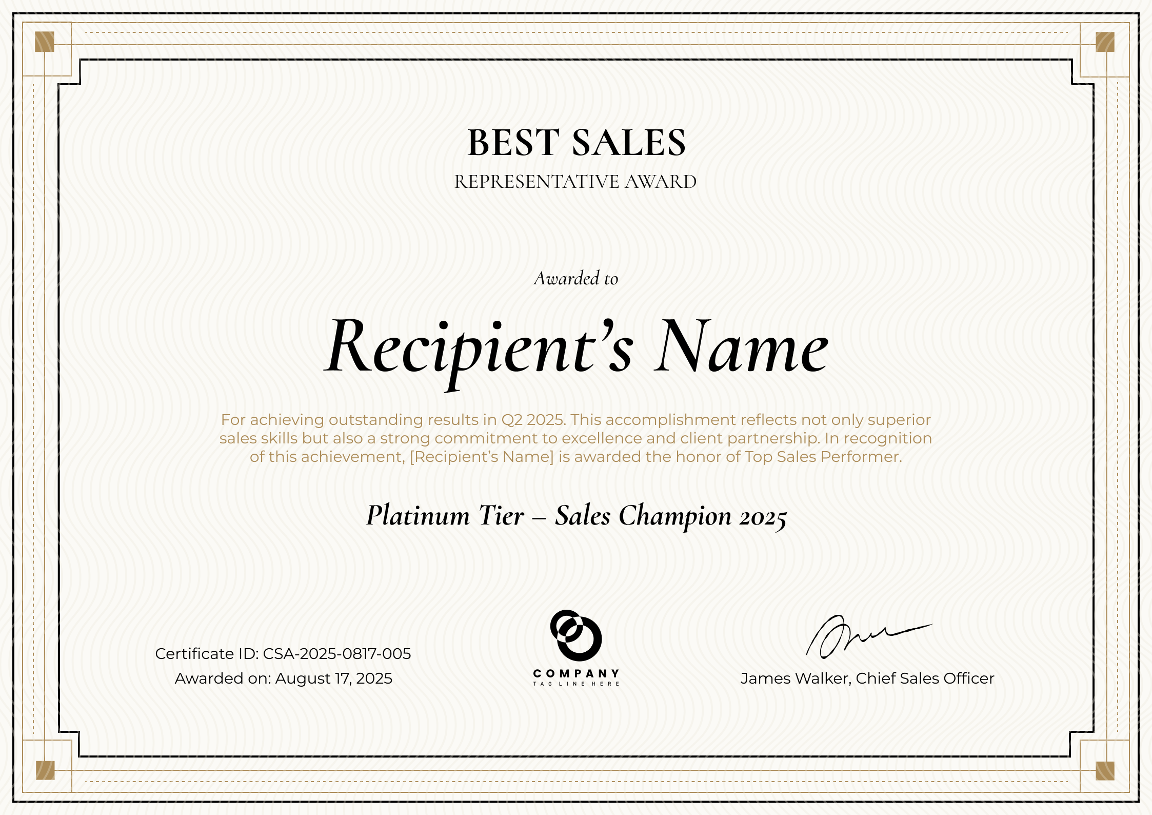 Simple and classic sales award certificate template