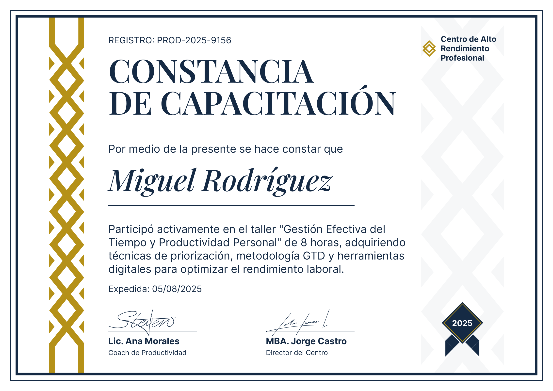 Modelo de certificado de capacitación formal y prestigioso