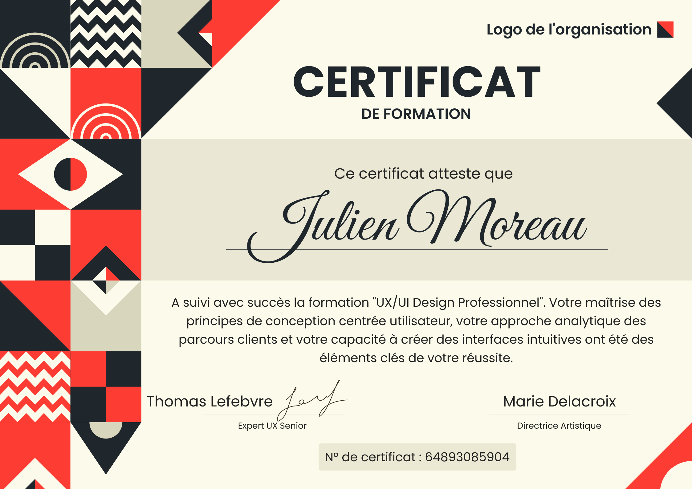 Modèle certificat de réalisation formation moderne et unique