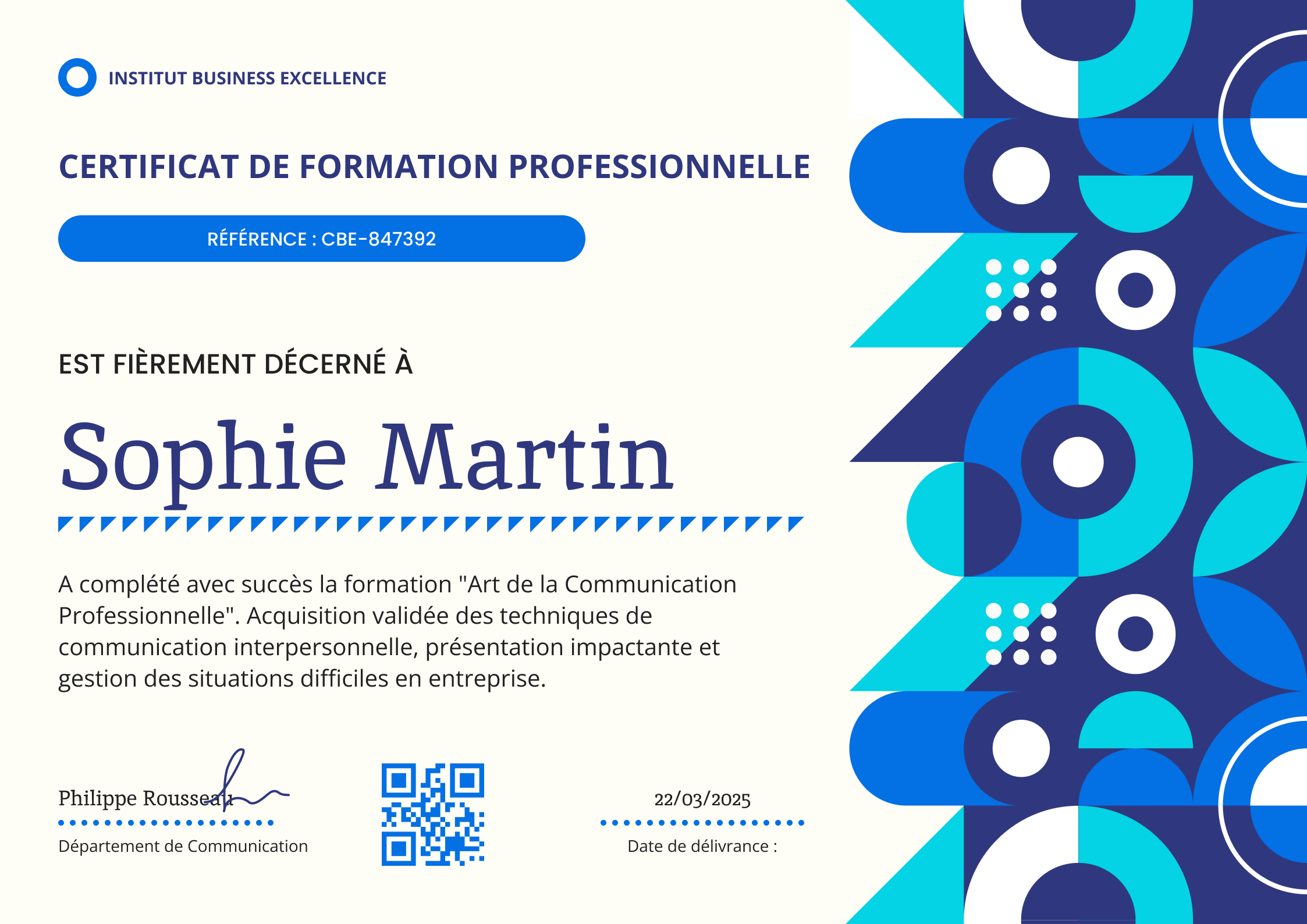 Modèle certificat de réalisation formation abstrait et moderne