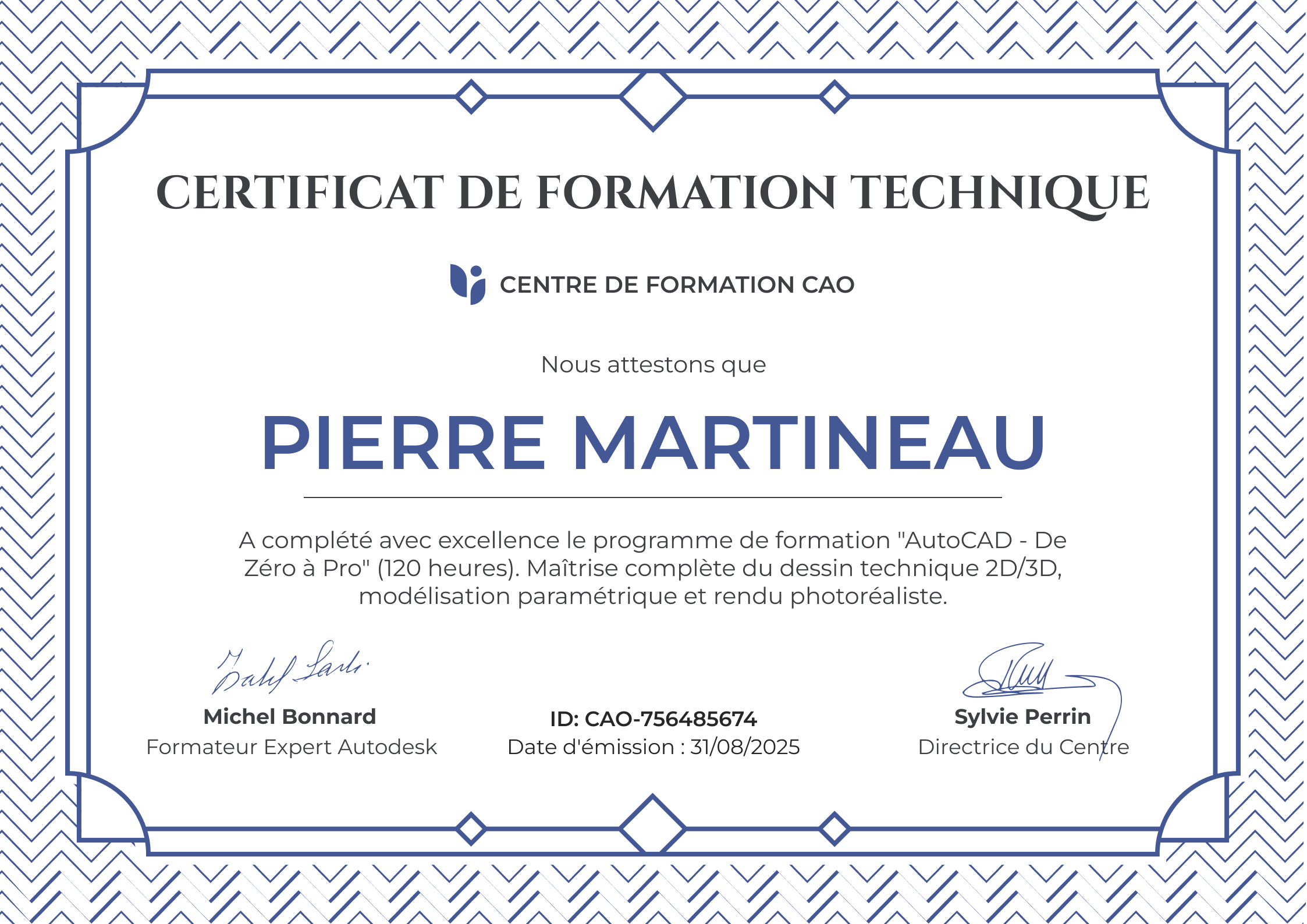 Modèle de certificat de formation simple encadré