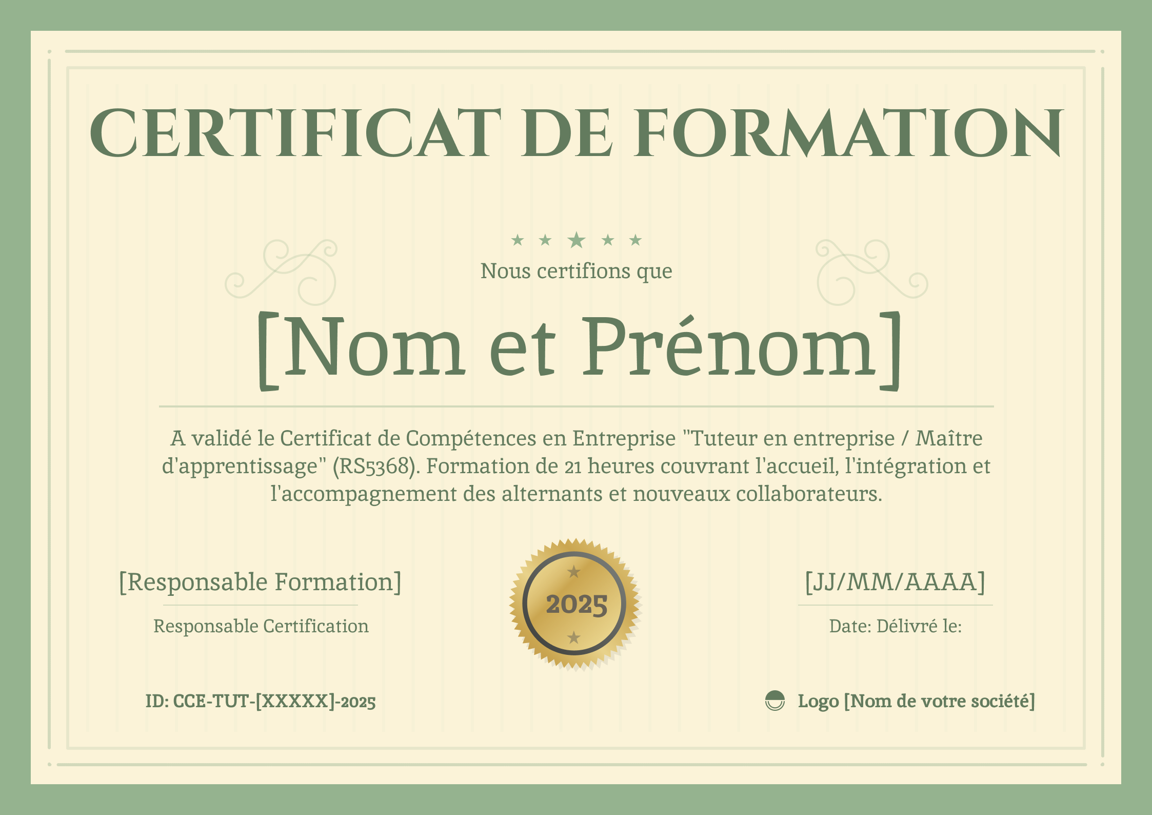 Modèle certificat de réalisation formation formel et remarquable