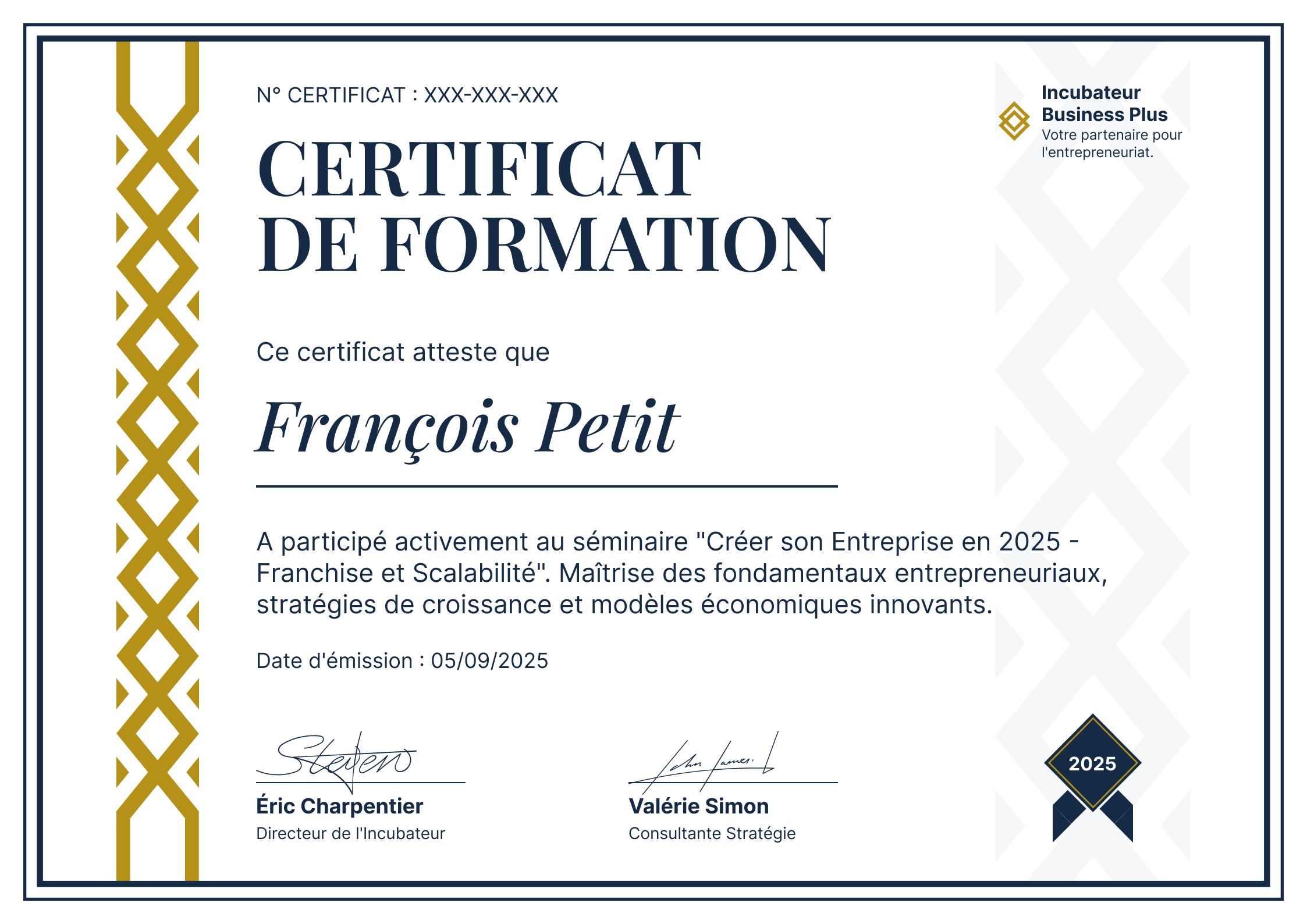 Modèle certificat de réalisation formation exceptionnel et formel